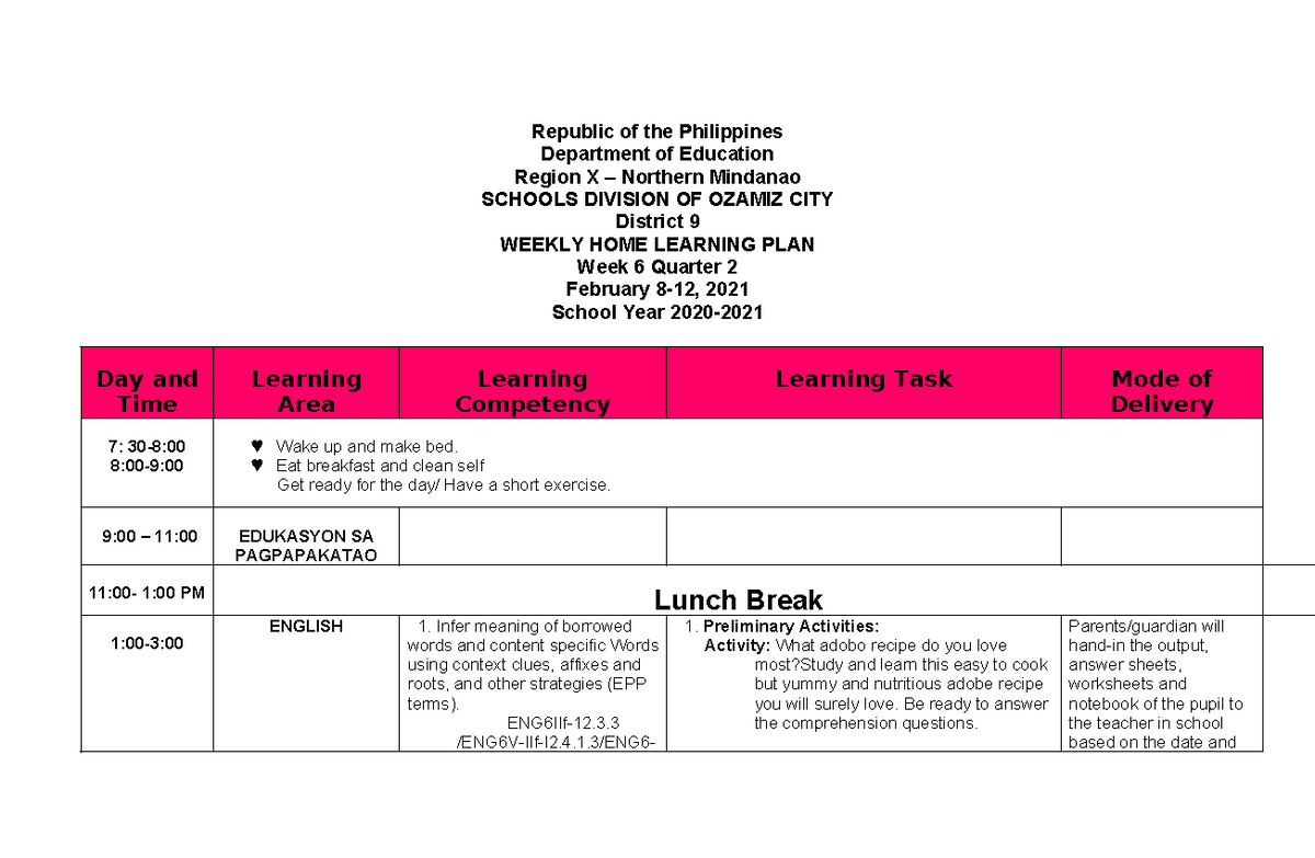 Grade 6 WHLP Q2-W6: Weekly Home Learning Plan Overview - Studocu