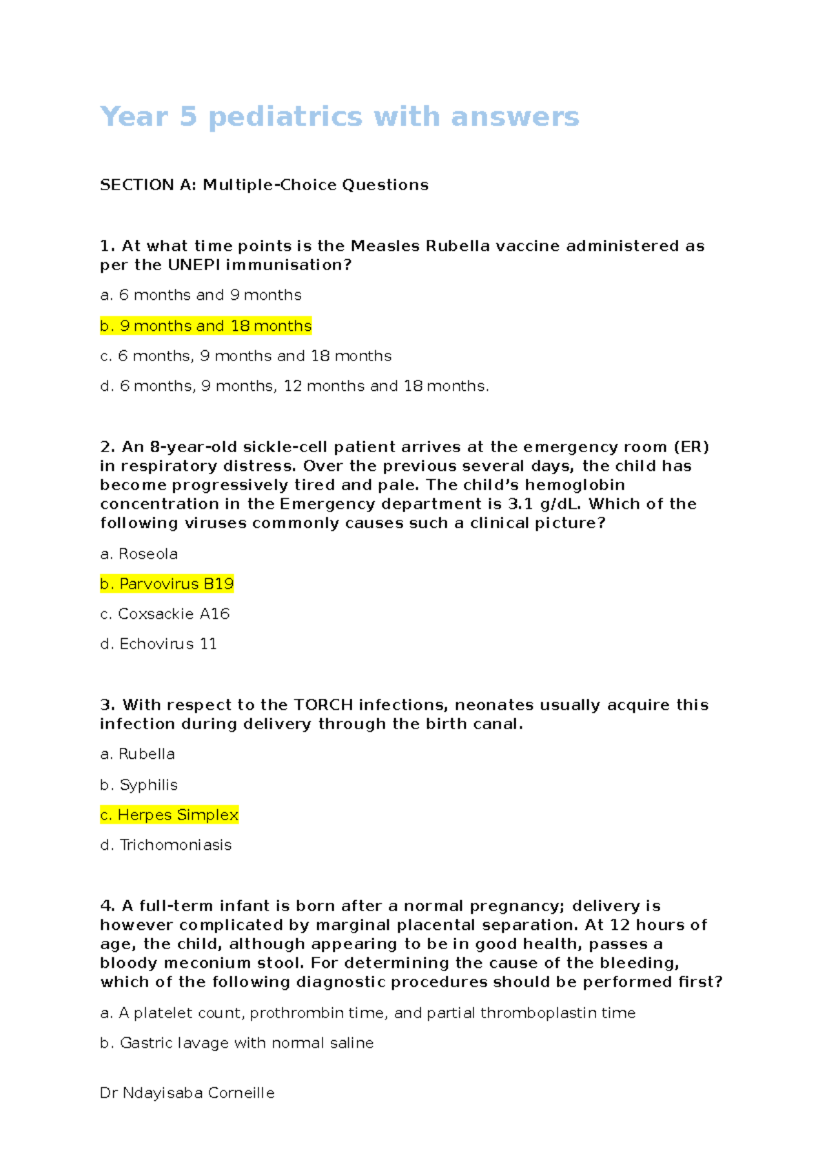 Pediatric Exam Q&A: Year 5 Pediatrics (Final Exam) - Studocu