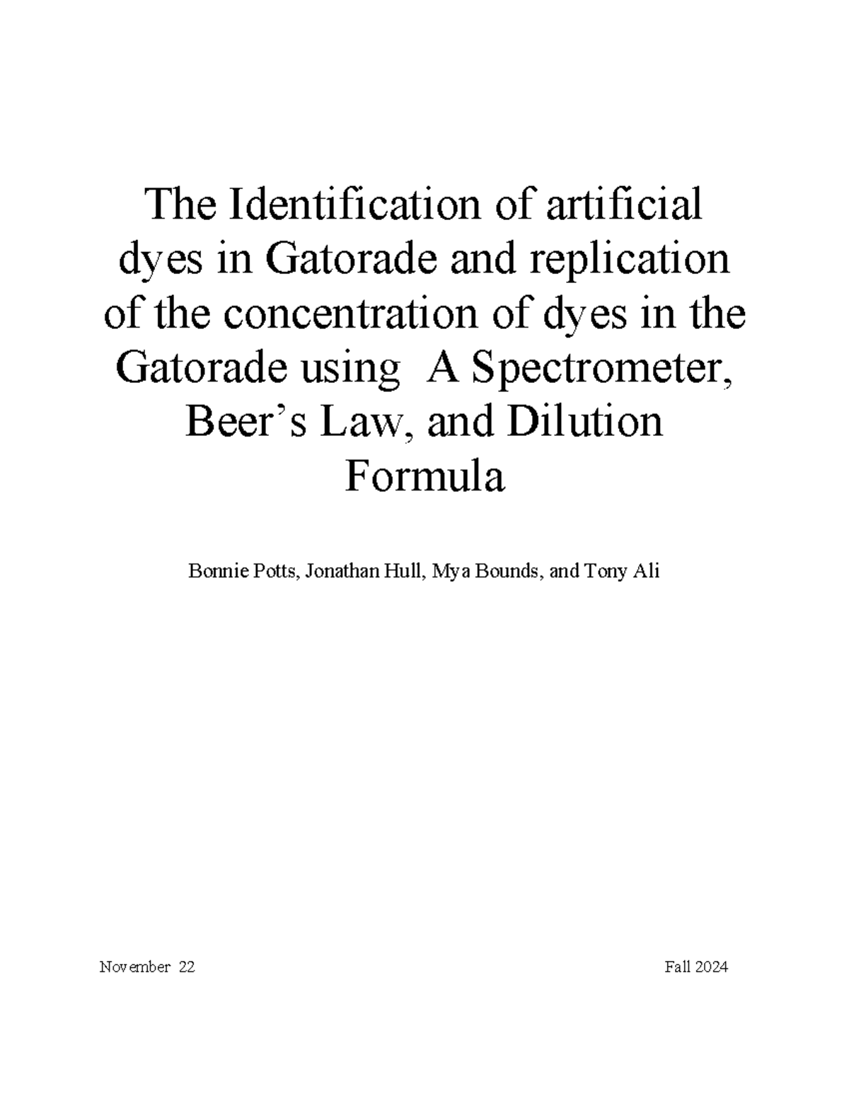 Food Dye Analysis Lab Report for Gatorade - CHEM 101, Fall 2024 - Studocu