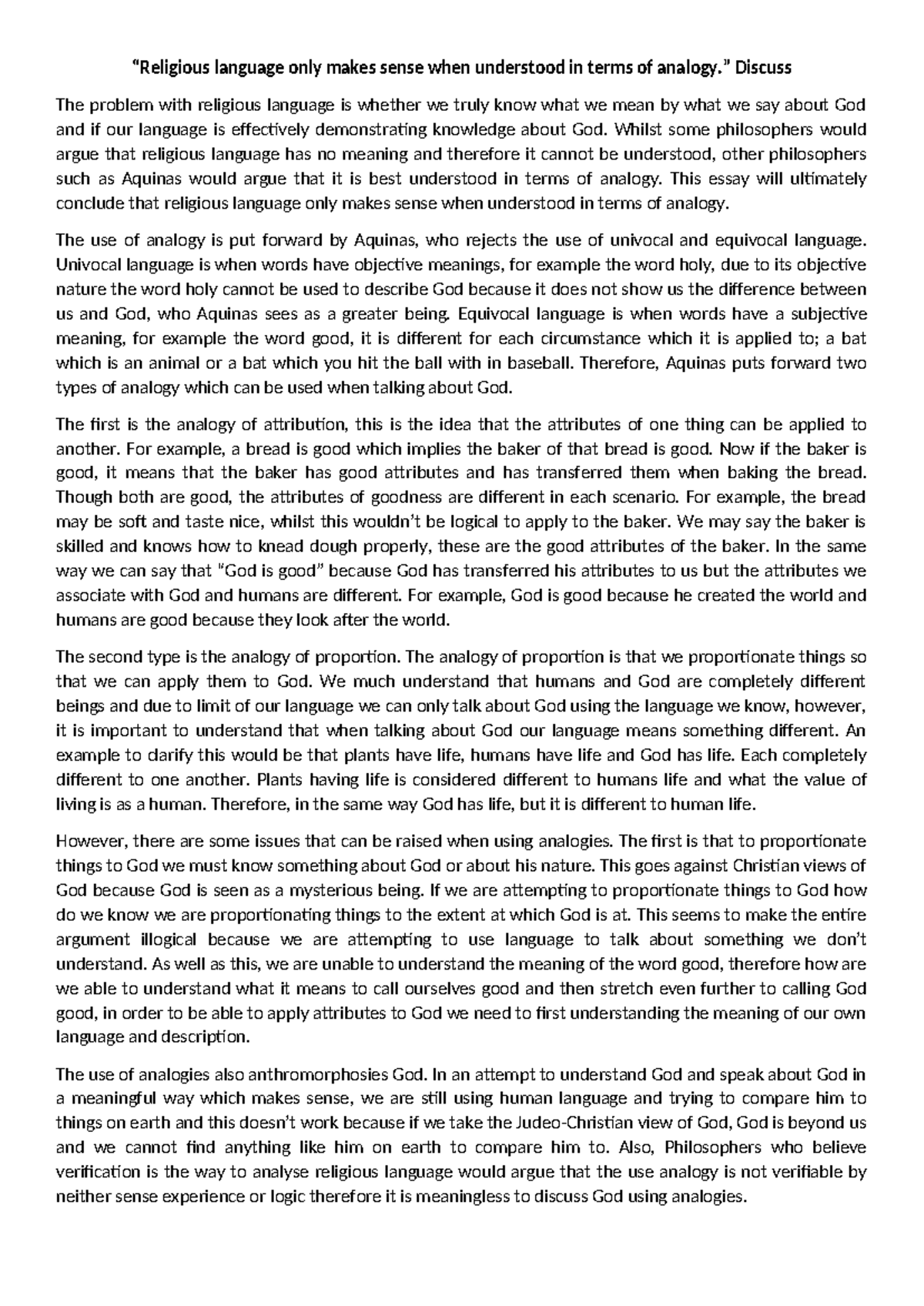 L5 Essay Notes: Understanding Religious Language Through Analogy - Studocu