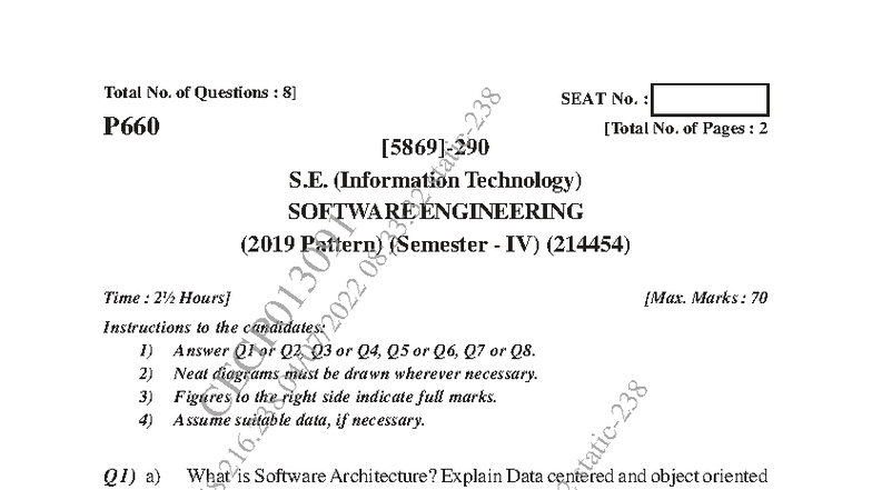 SE (Information Technology) SOFTWARE ENGINEERING All PYQ (2019 Pattern) - Studocu