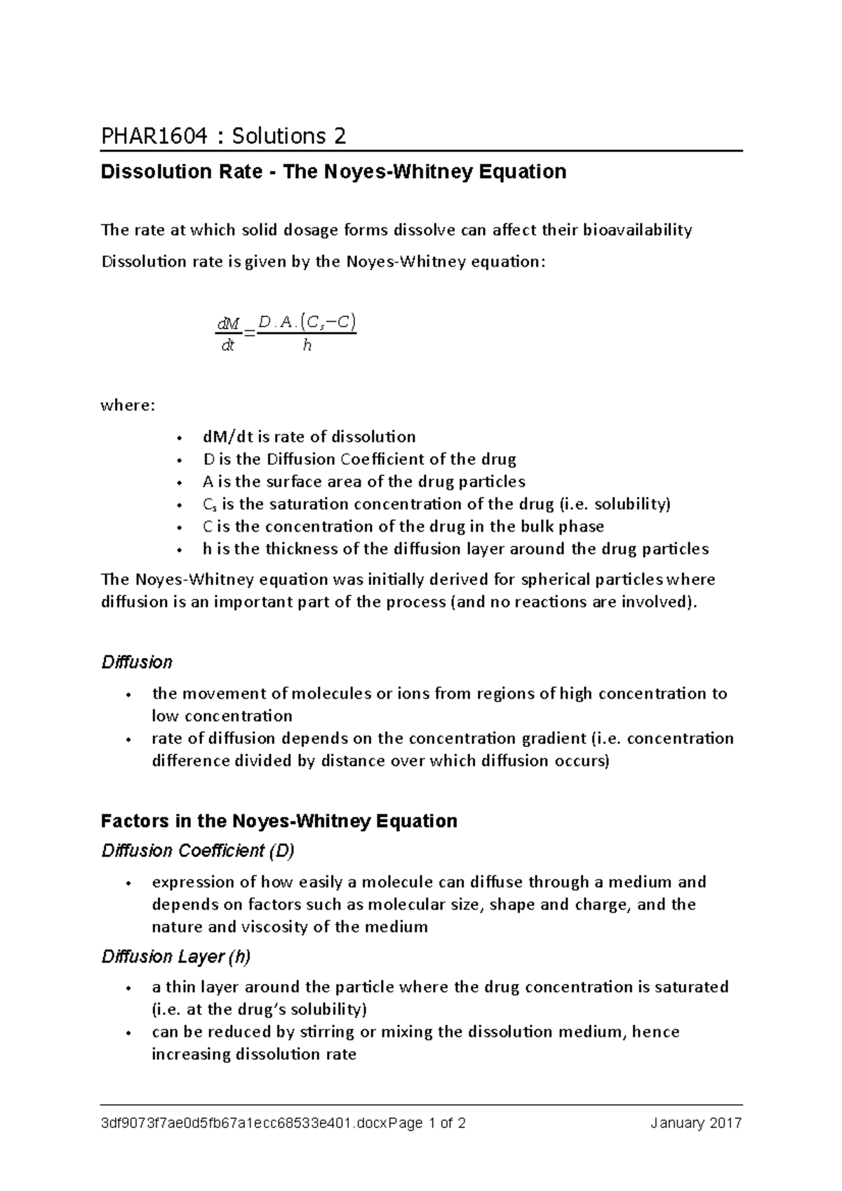 PHAR1604: Solutions 2 - Noyes-Whitney Equation and Dissolution Rate ...