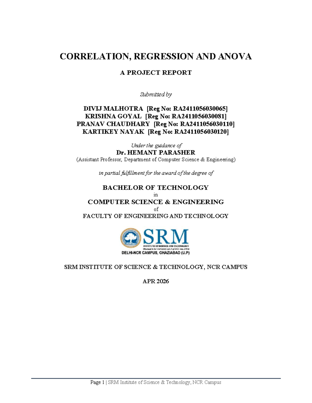 BTECH CSE Project Report: Correlation, Regression & ANOVA Analysis ...