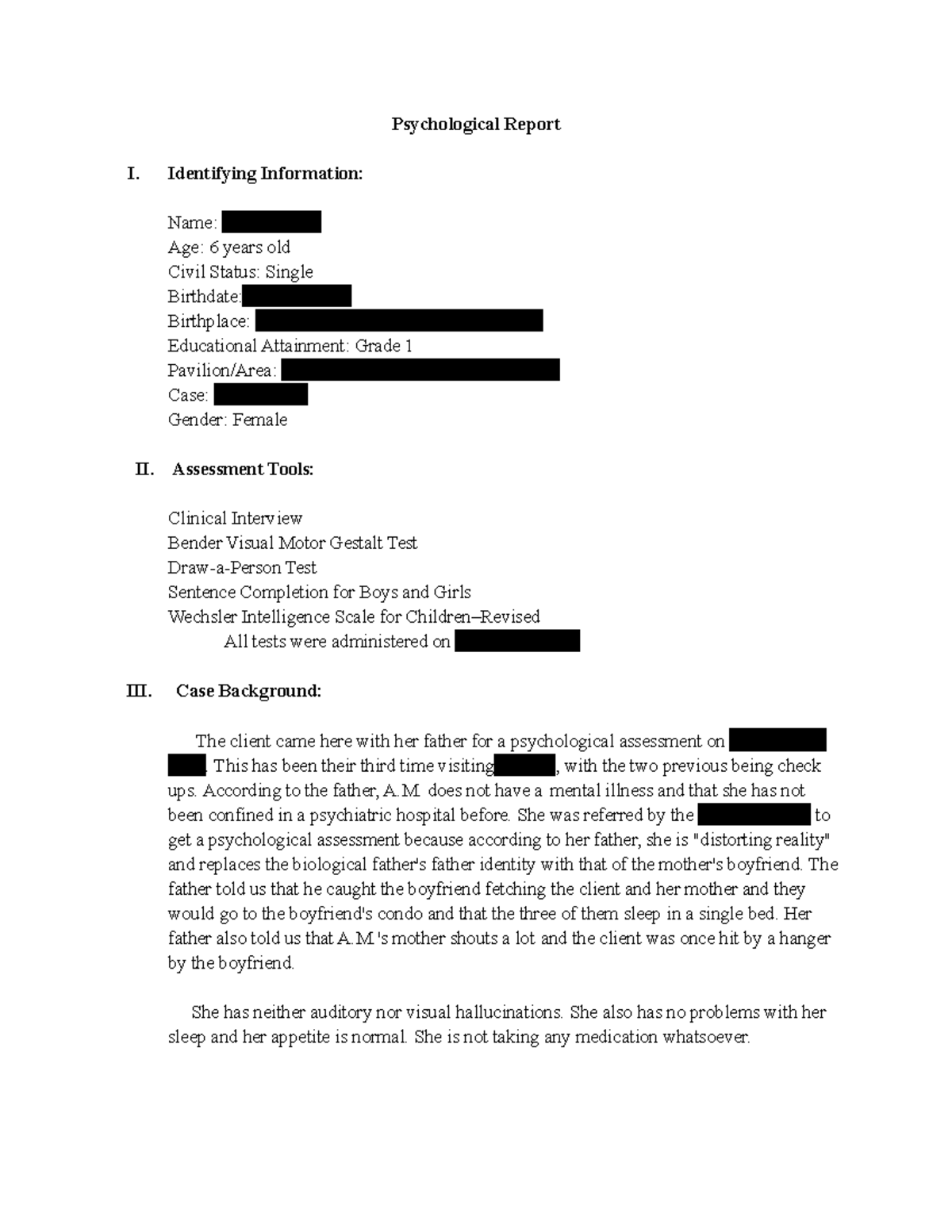 Sample Psychological Report 1 - Children - Psychological Report I ...