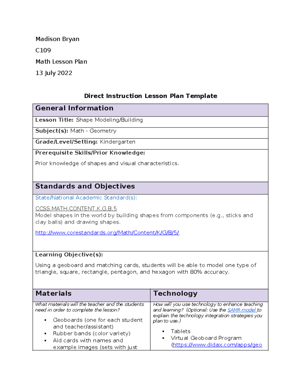 C109 Math Lesson Plan: Shape Modeling & Building for Kdg - Studocu