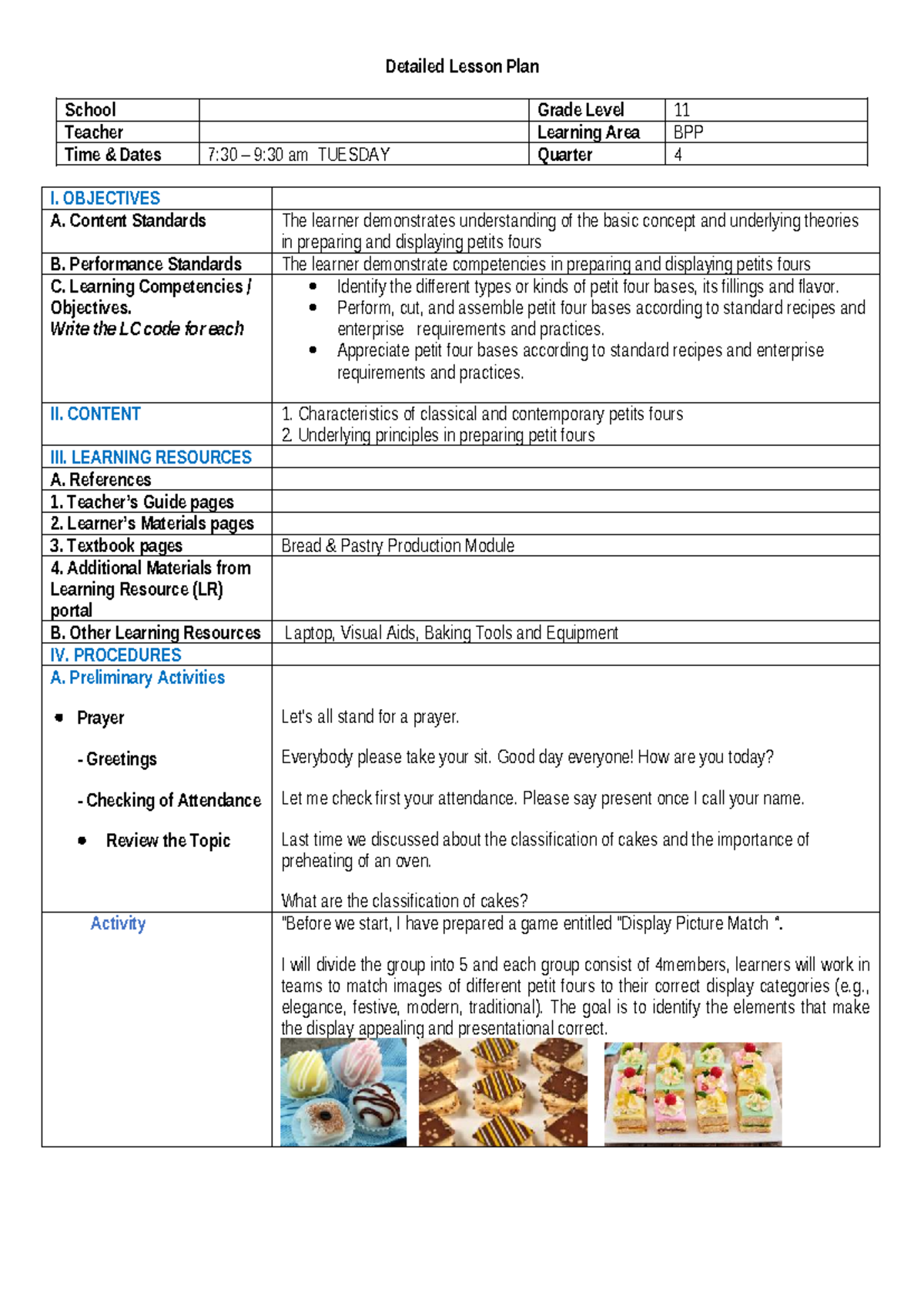 DLP 4A's: Detailed Lesson Plan on Baking Petit Fours - Studocu