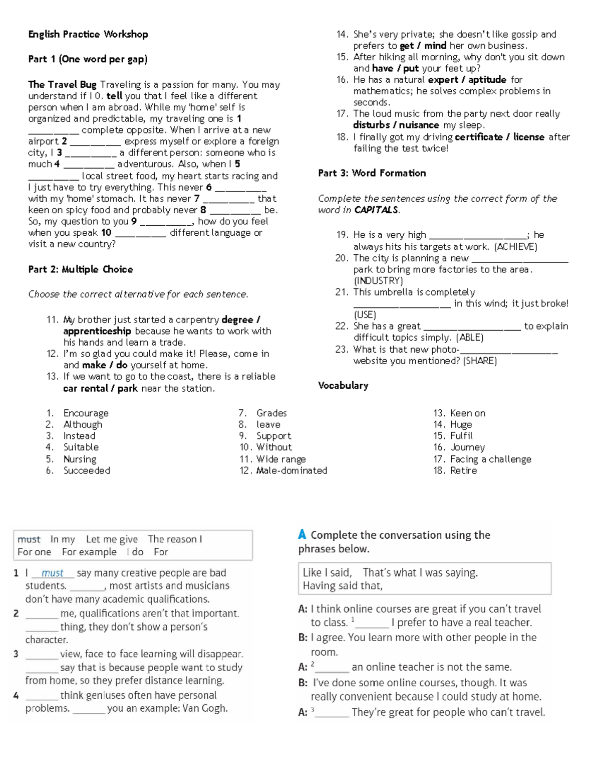 English Practice Workshop 6: Gap Fill & Word Formation Exercises - Studocu