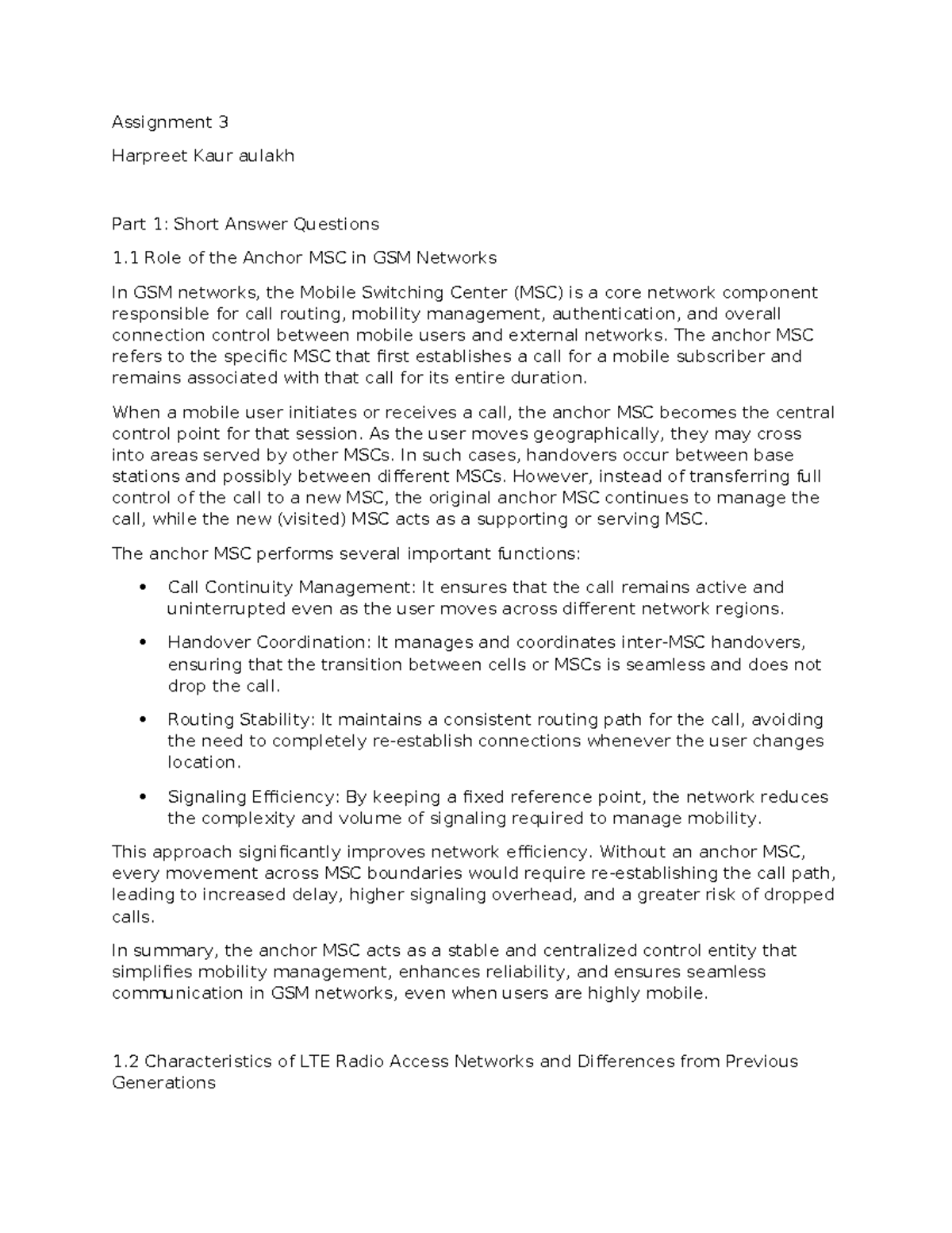 Assignment 3: Short Answer Questions on GSM, LTE, and CDMA - Studocu