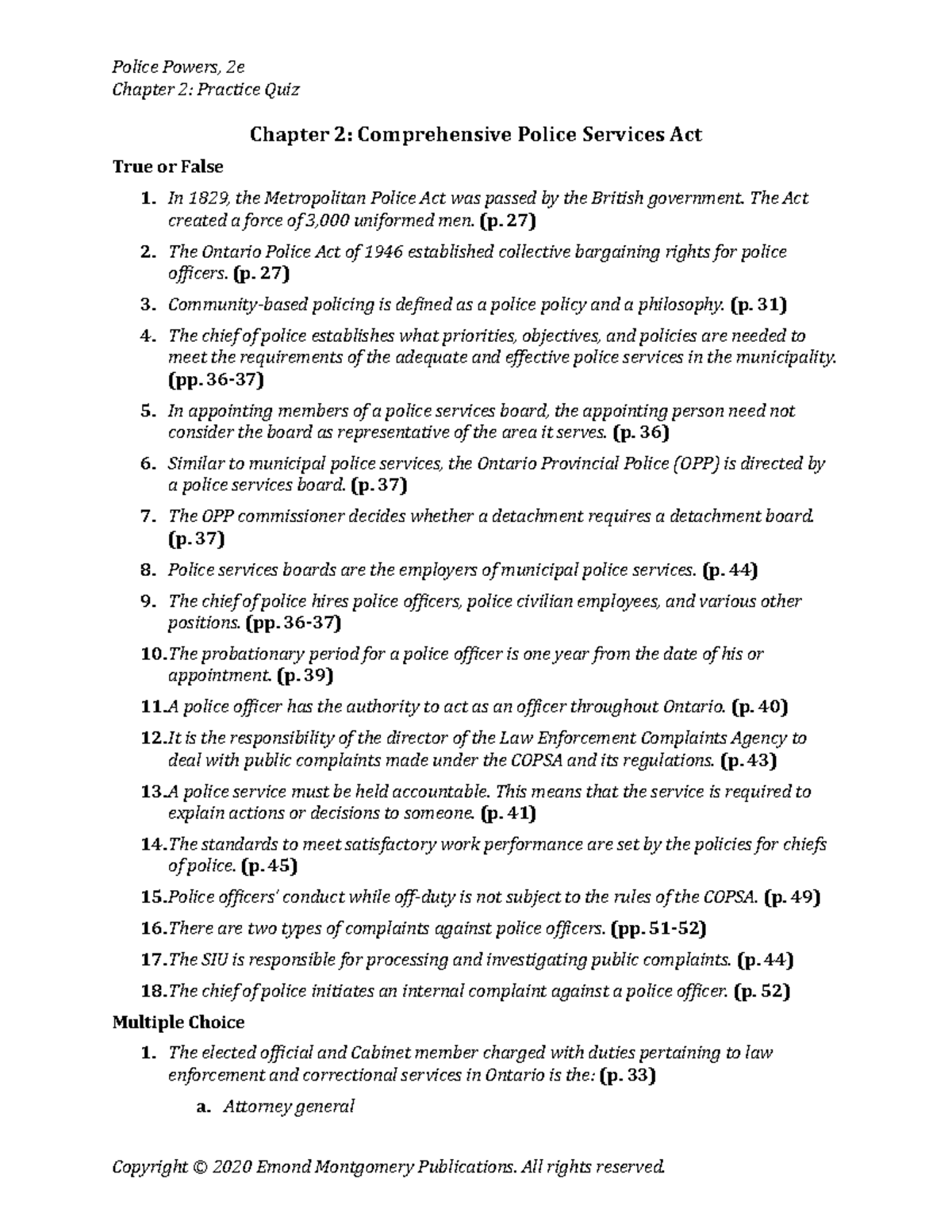 Week 3 Practice Test: Chapter 2 Police Services Act Quiz - Studocu