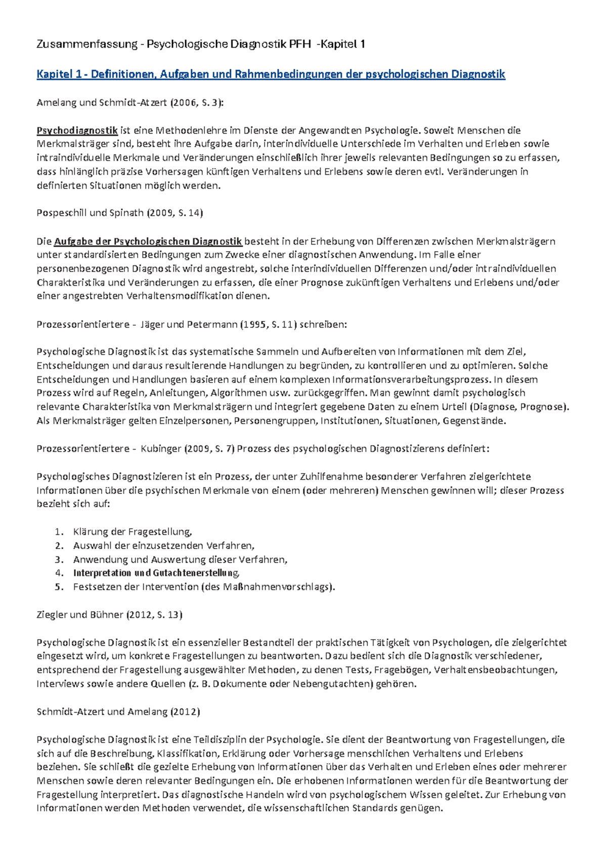 Zusammenfassung Psychologische Diagnostik PFH 1: Definitionen und ...
