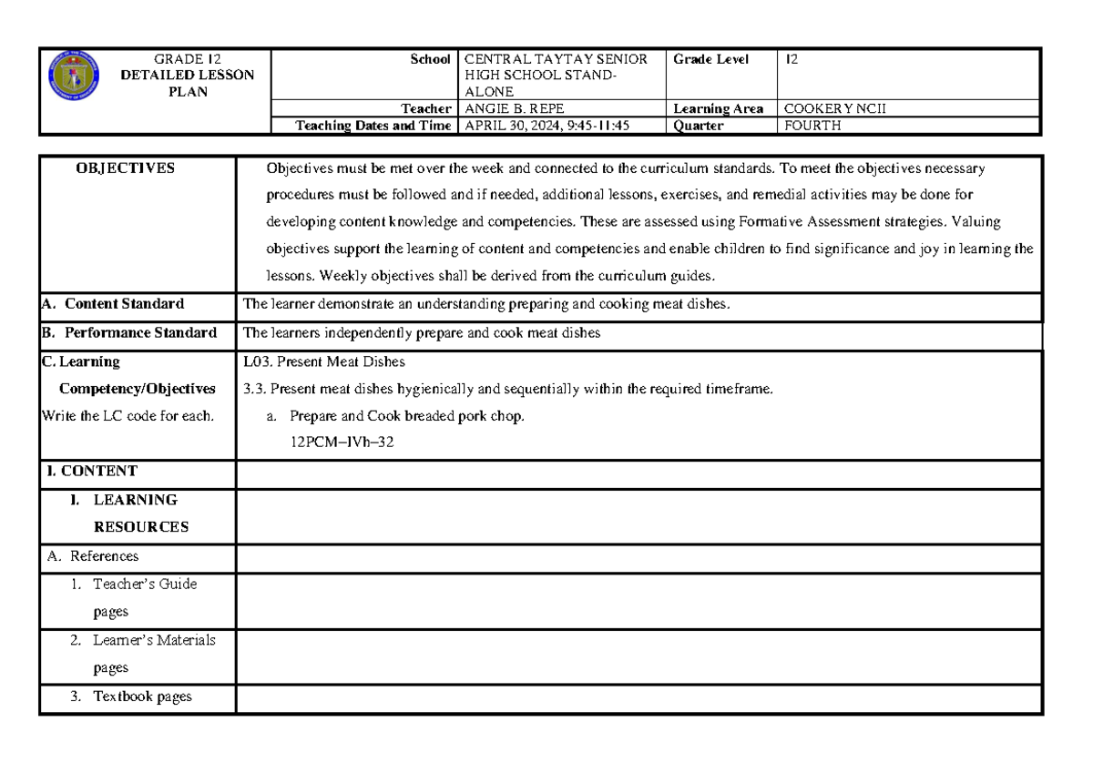 Grade 12 Cookery NCII Detailed Lesson Plan: Preparing Meat Dishes - Studocu