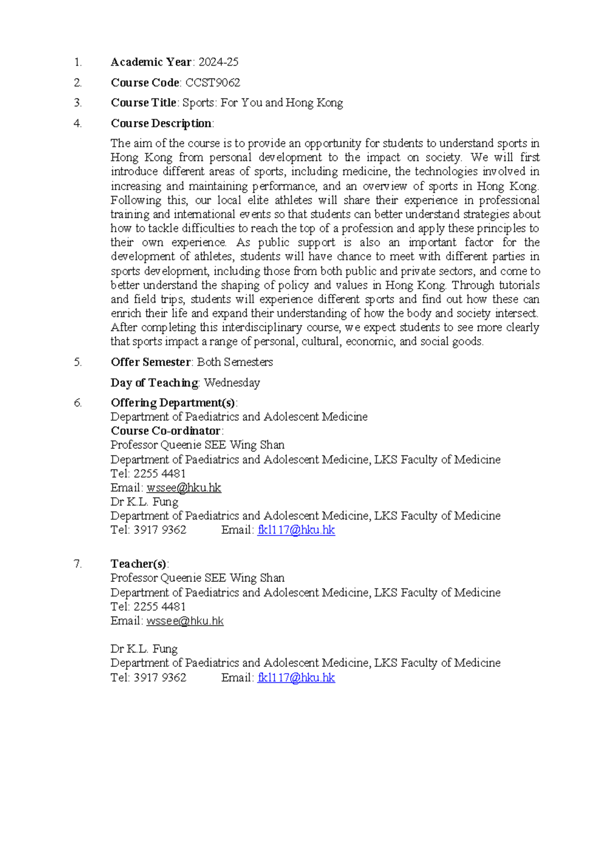 CCST9062 Course Syllabus: Sports in Hong Kong - Overview & Impact - Studocu