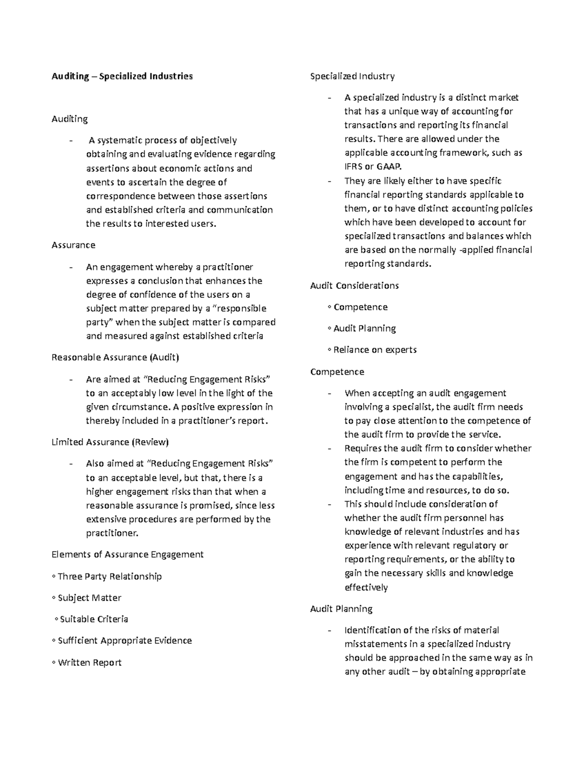 Auditing Specialized Industries: Key Considerations and Practices - Studocu