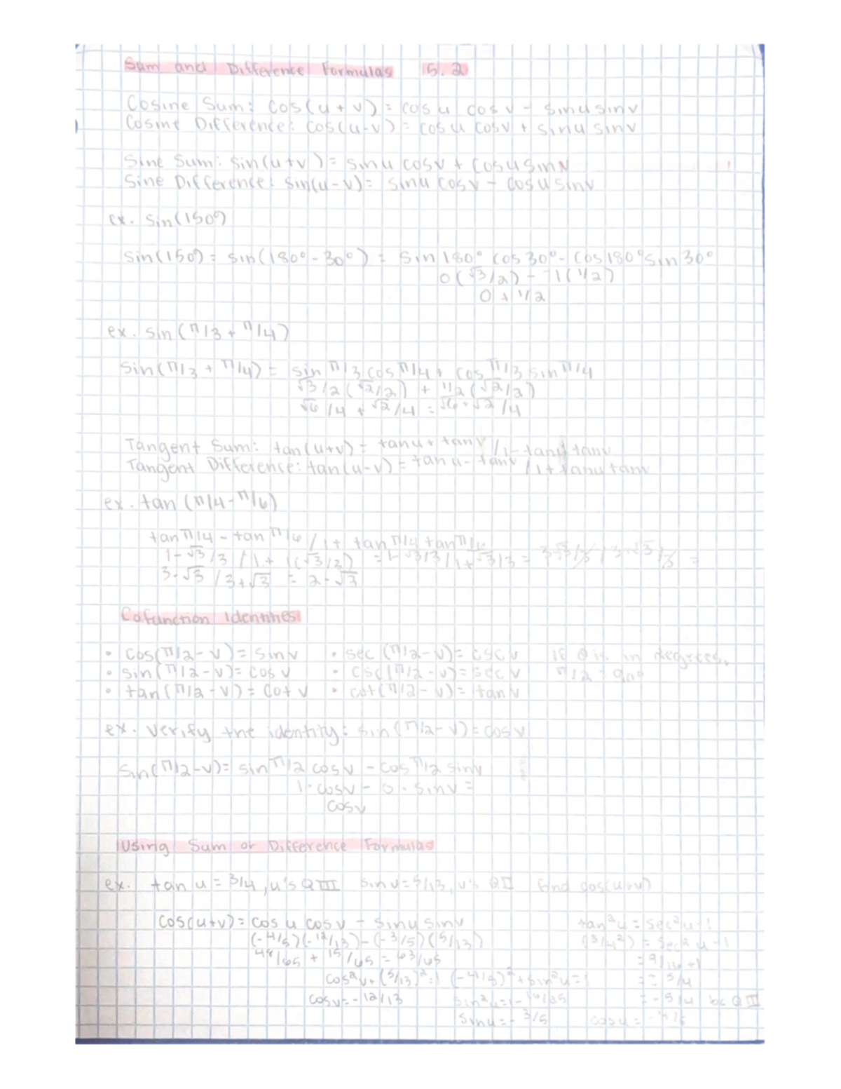 Trig/Pre-Calc Unit 5.2: Sum and Difference Formulas Explained - Studocu