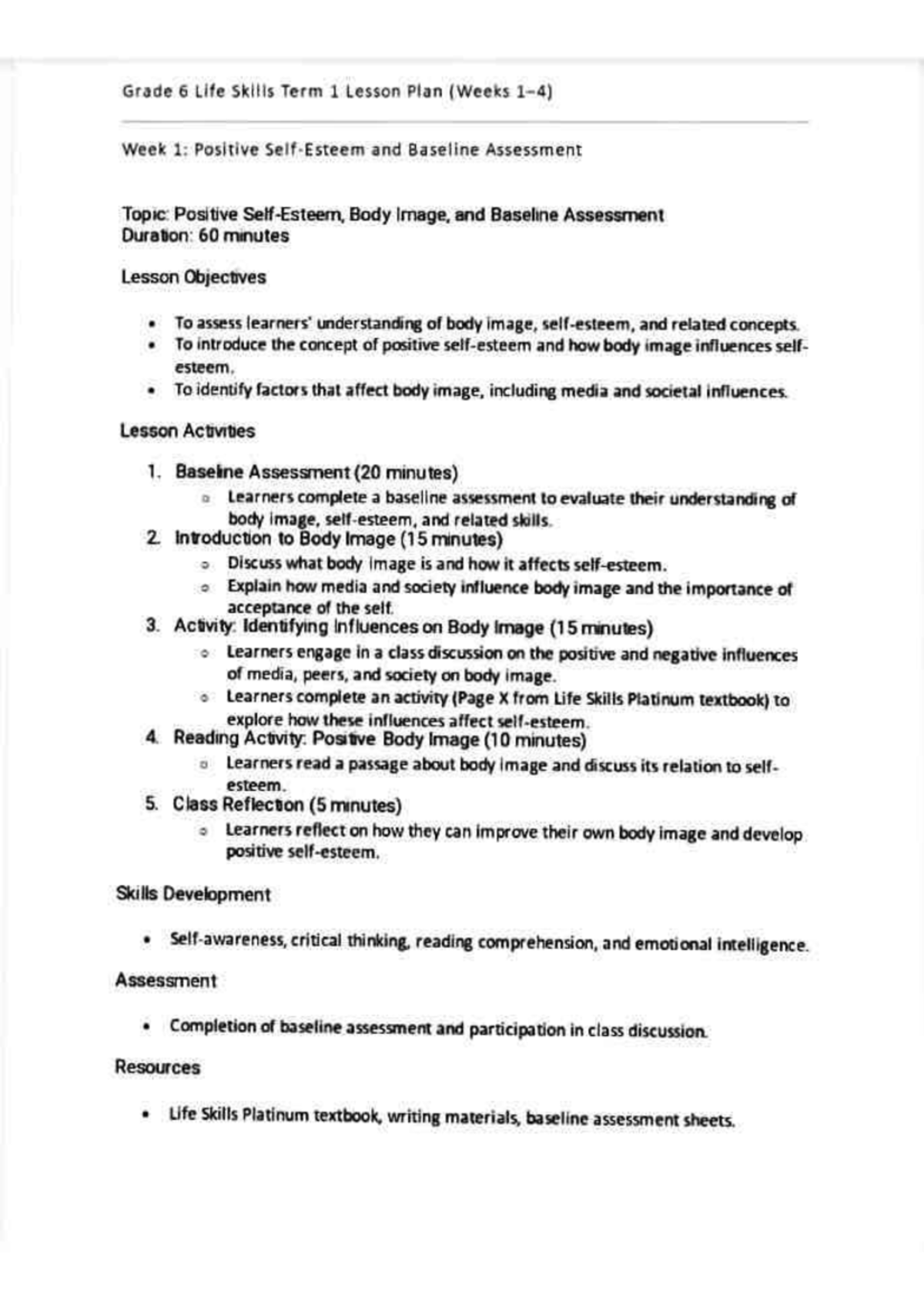 Grade 6 Life Skills Term 1 Lesson Plan: Body Image & Abilities - Studocu