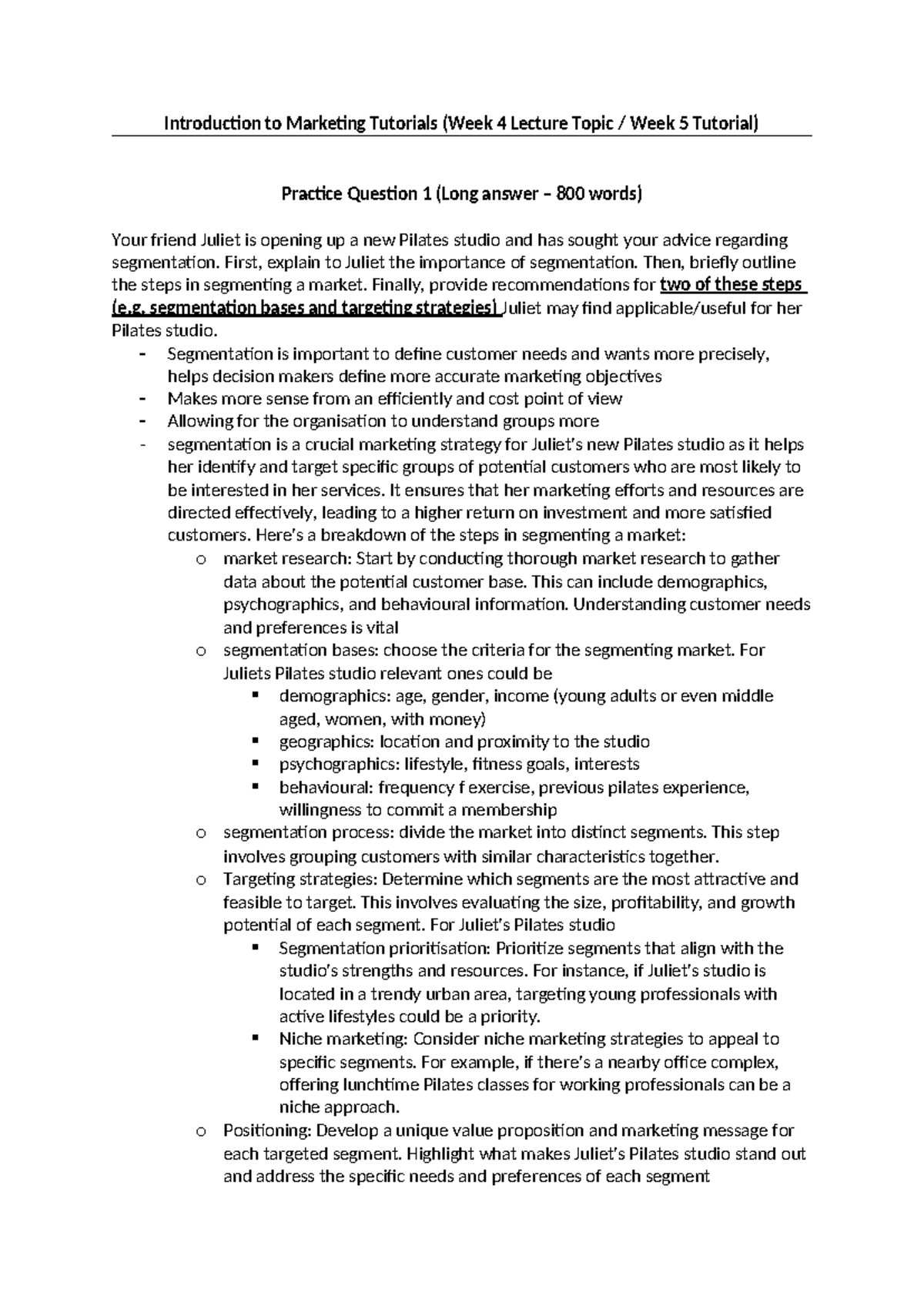 Pre-Tutorial Questions for Marketing (Week 5 Lecture & Practice) - Studocu