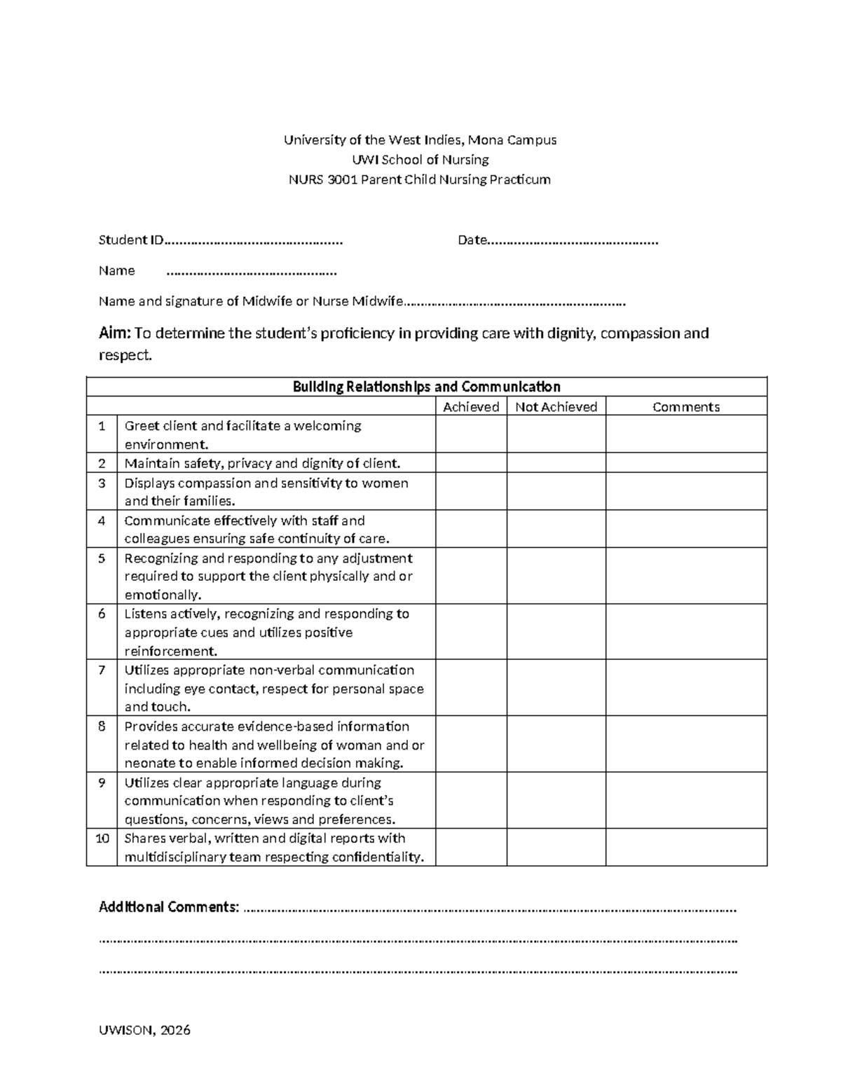 NURS 3001 Respectful Care Checklist for Parent-Child Nursing - Studocu