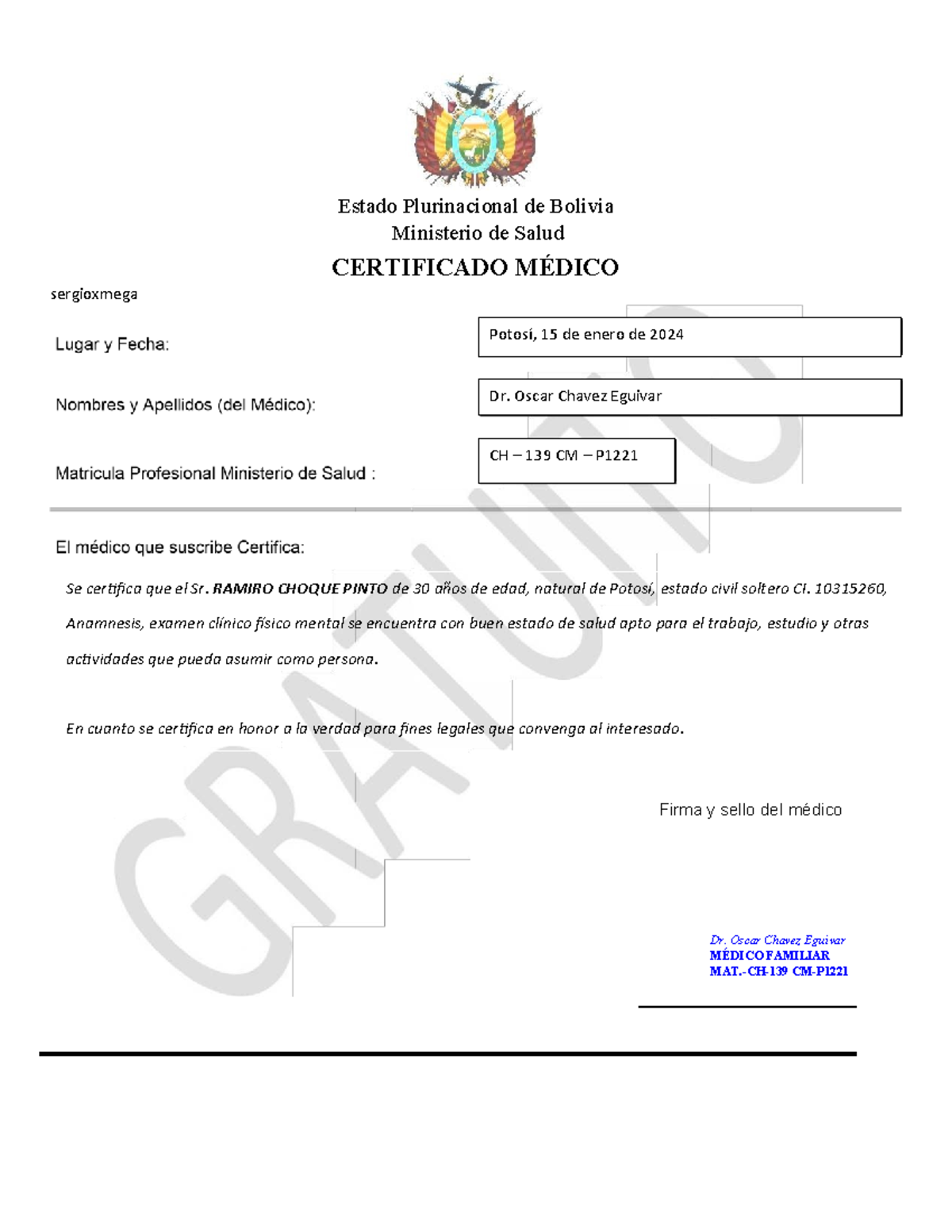 Certificado Médico CH 139 - Ramiro Choque Pinto - Potosí 2024 - Studocu