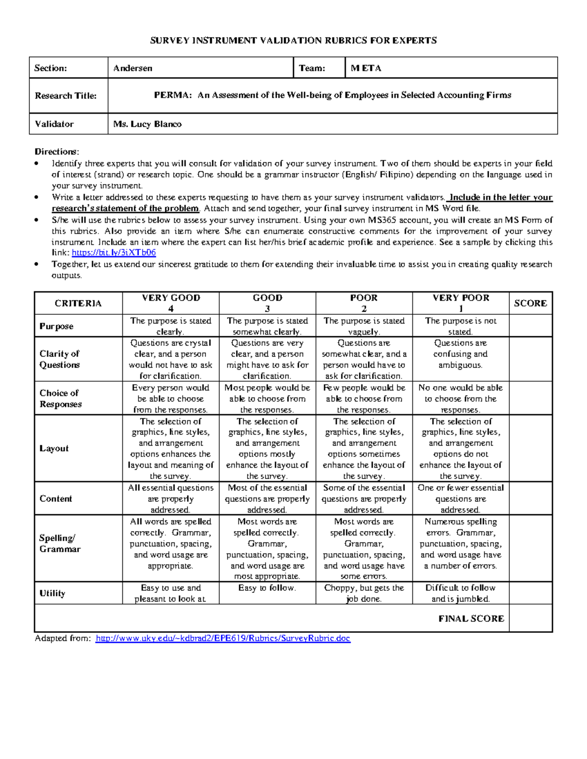 Survey Instrument Validation Rubrics for Research by Ms. Lucy - Studocu
