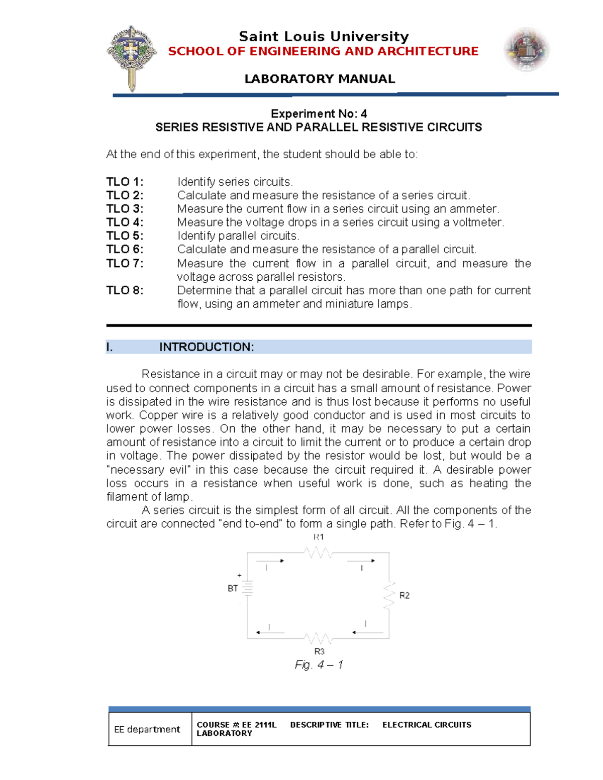 EE 101 Laboratory Manual: Experiment 4 - Series & Parallel Circuits - Studocu
