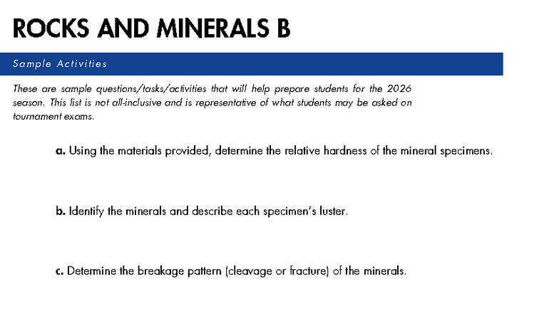 Rocks and Minerals B - Sample Activities for 2026 Tournament Prep - Studocu