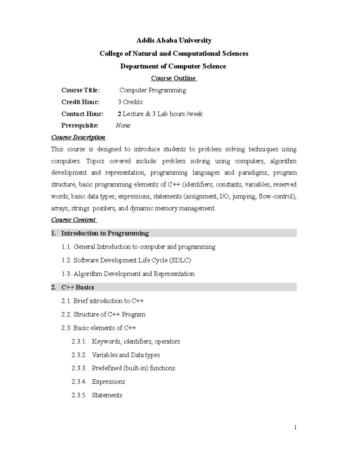 Computer Programming (CS101) Course Outline and Syllabus Overview - Studocu