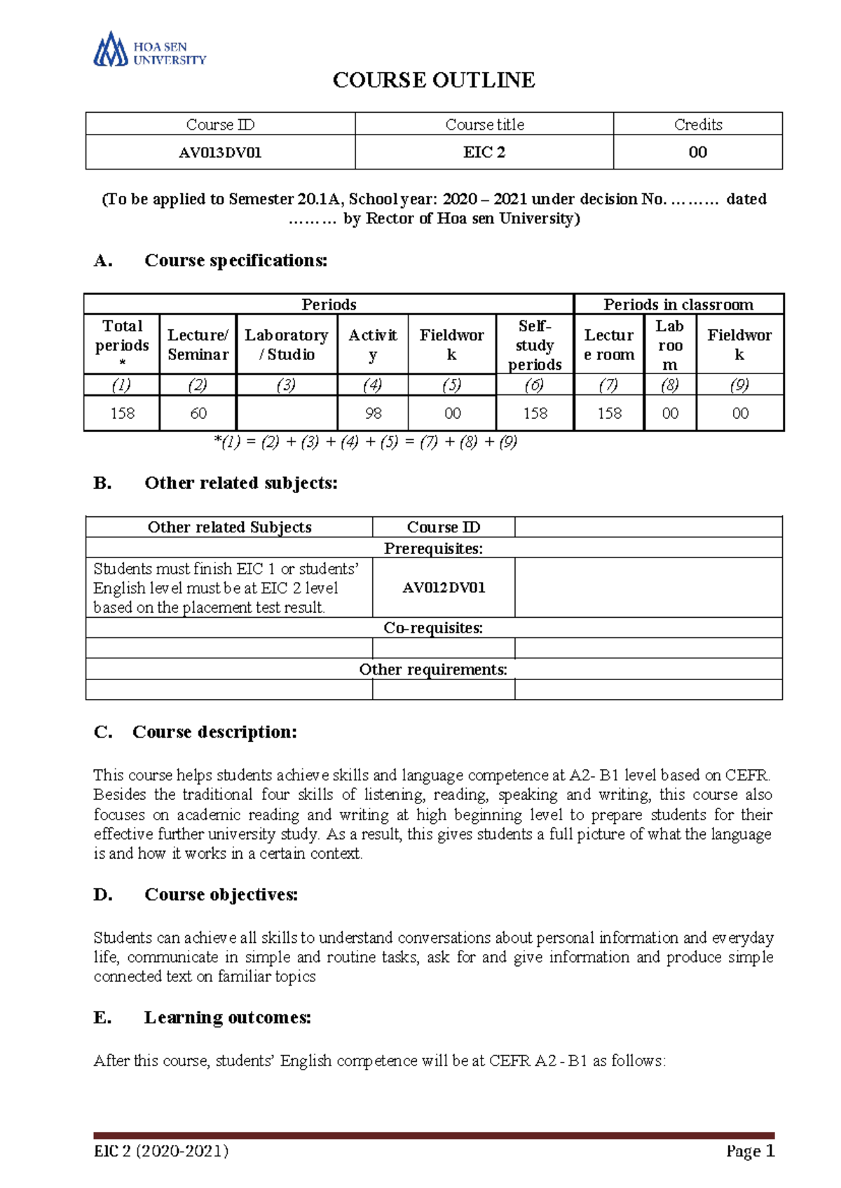 EIC 2 Course Outline and Learning Objectives for Semester 20.1A - Studocu