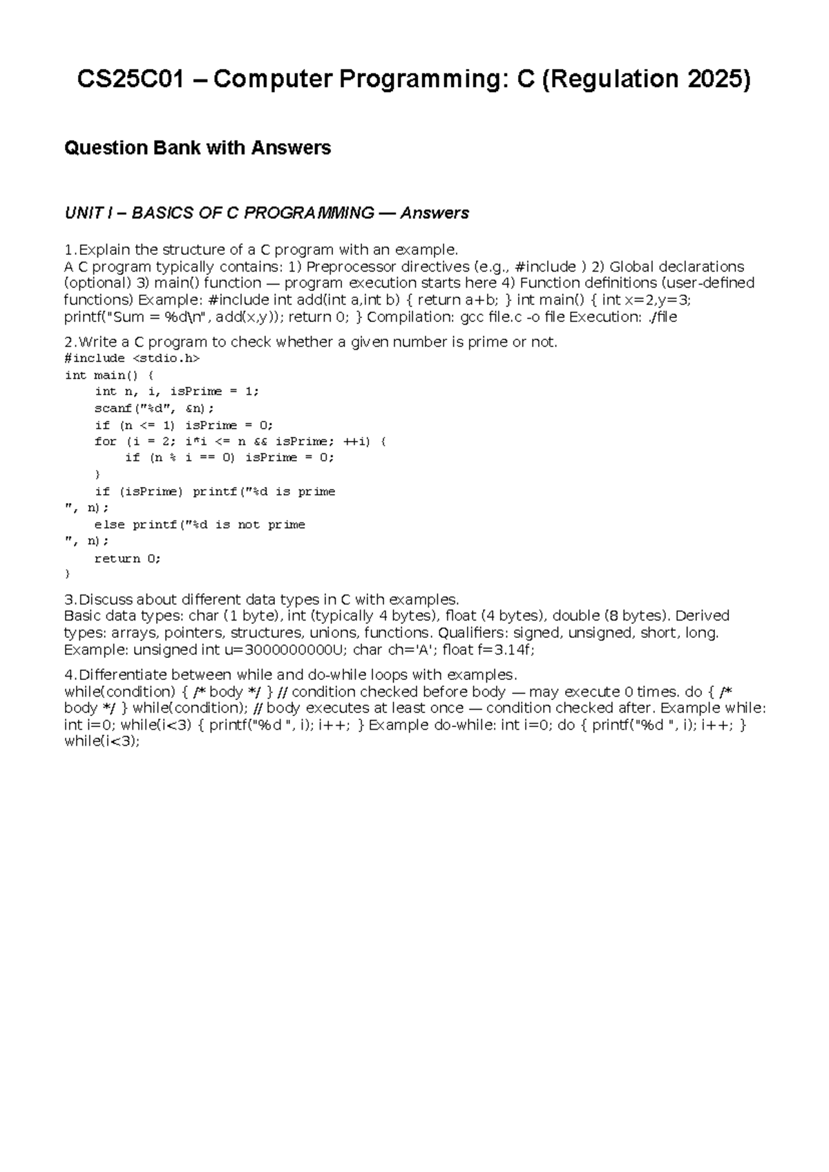 CS25C01 Computer Programming: C Question Bank & Answers (Reg 2025) - Studocu
