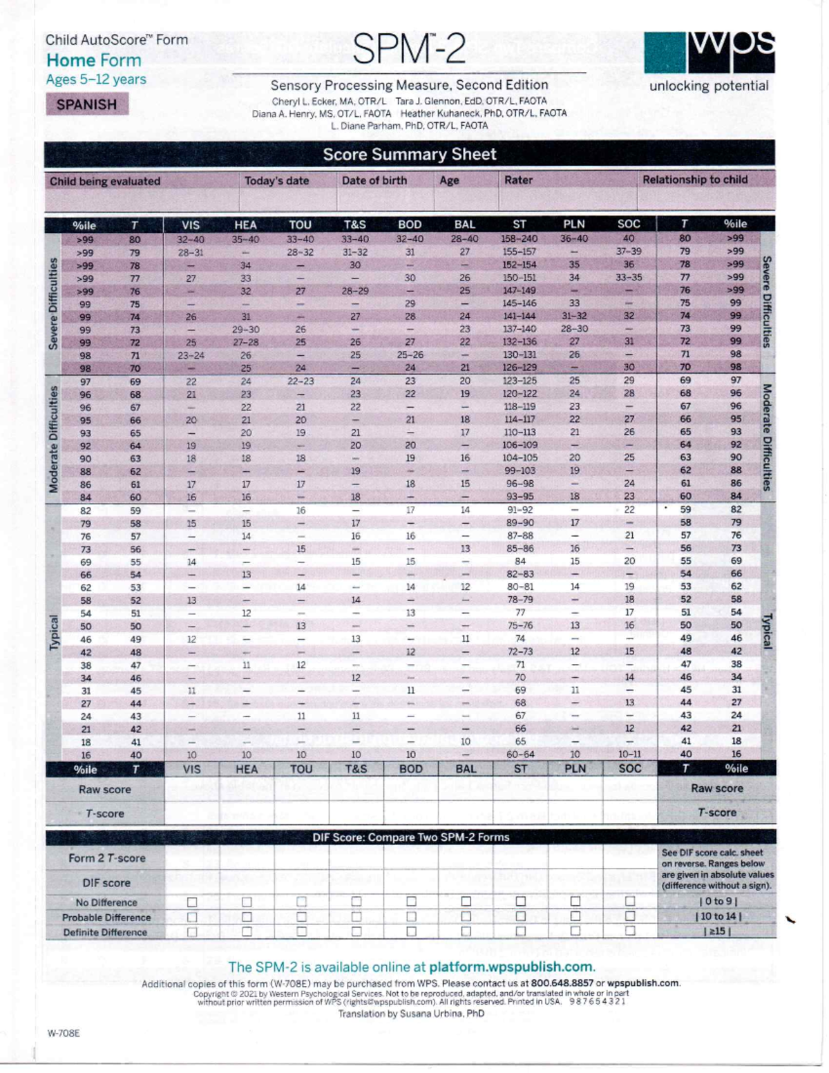 SPM Home Form for Ages 5-12: Sensory Processing Measure (Spanish) - Studocu