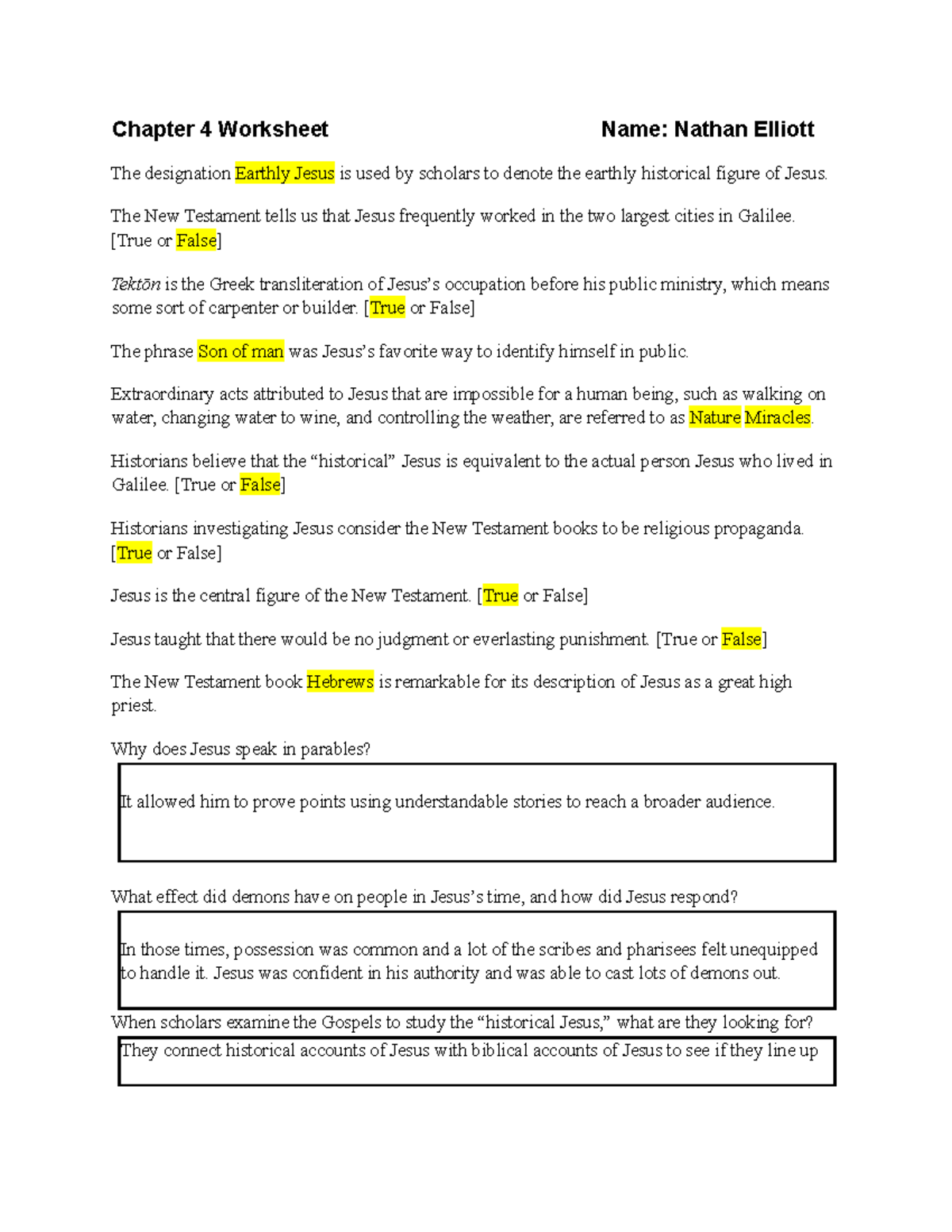 Chapter 4 Worksheet on the Historical Jesus (Course Code Required ...