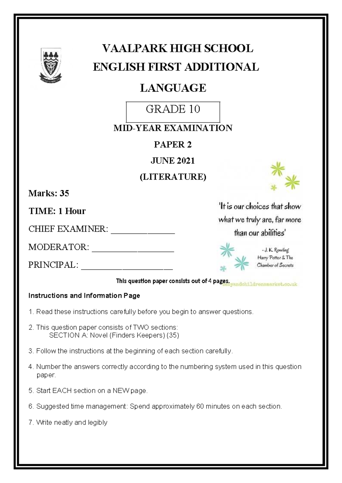 Grade 10 English FAL Exam Paper 2 June 2021 (Literature) - VAALPARK ...