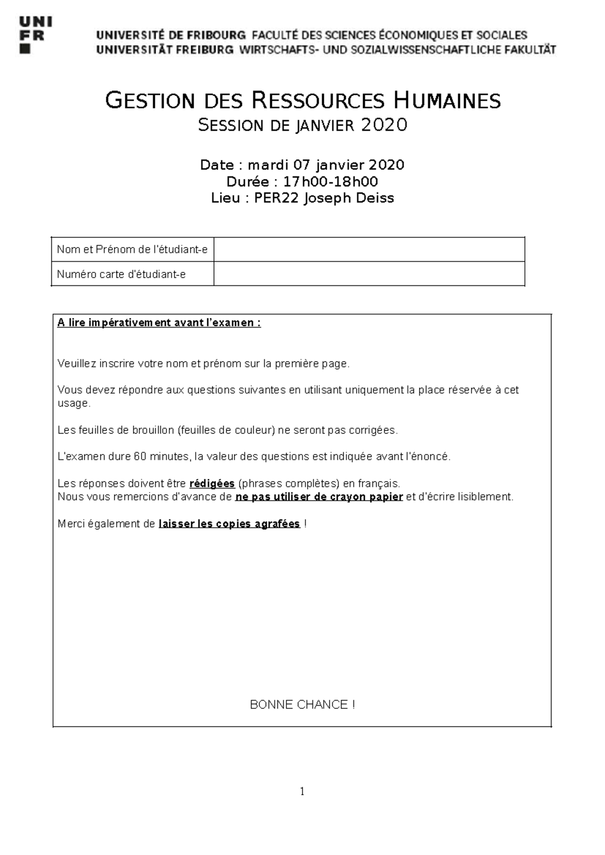 Examen GESTION DES RESSOURCES HUMAINES SA 2020 - Janvier 2020 - Studocu