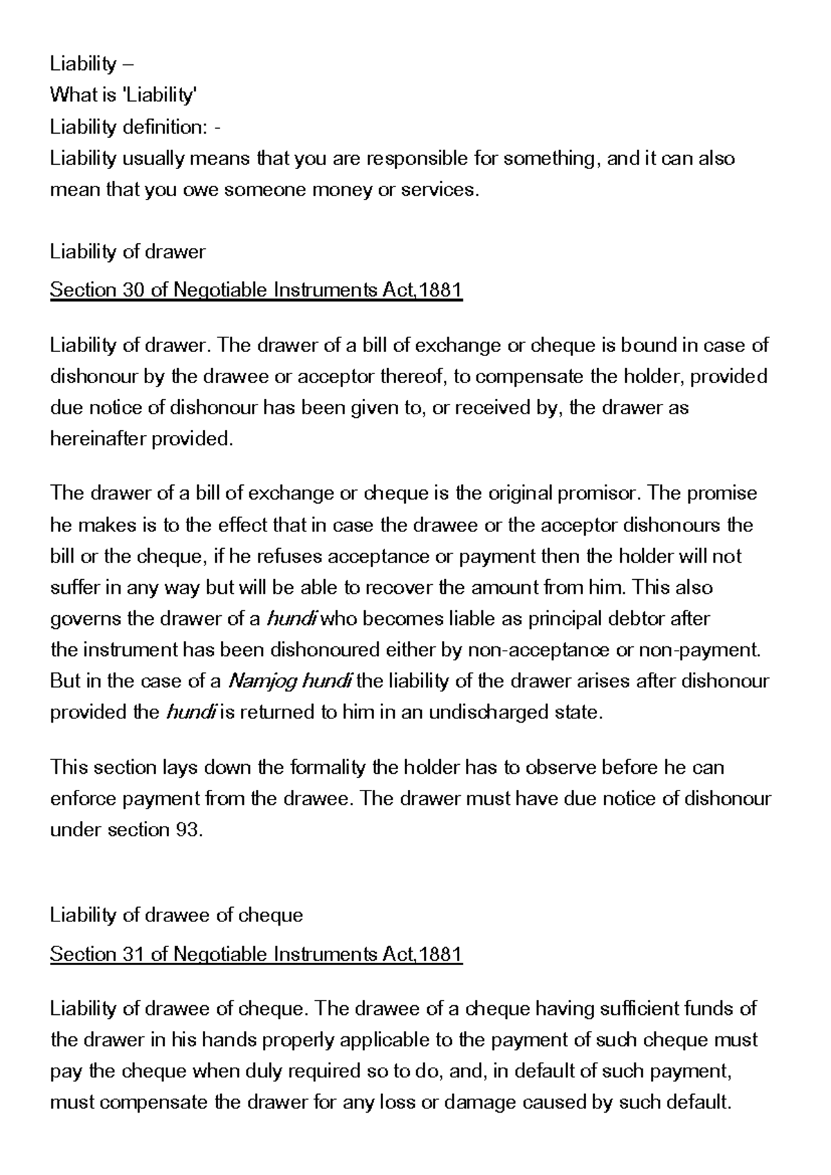 Liability Concepts in Banking: Notes on Negotiable Instruments & Acts ...