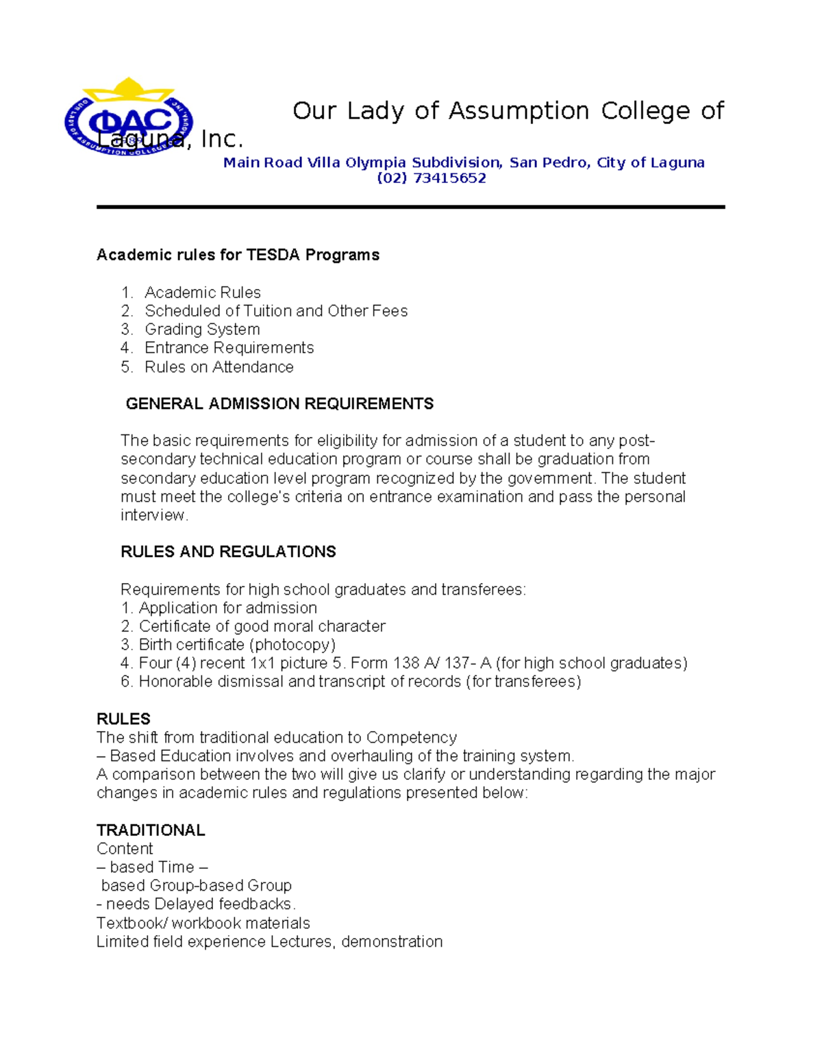 TESDA Academic Rules & Regulations for Admission and Attendance - Studocu
