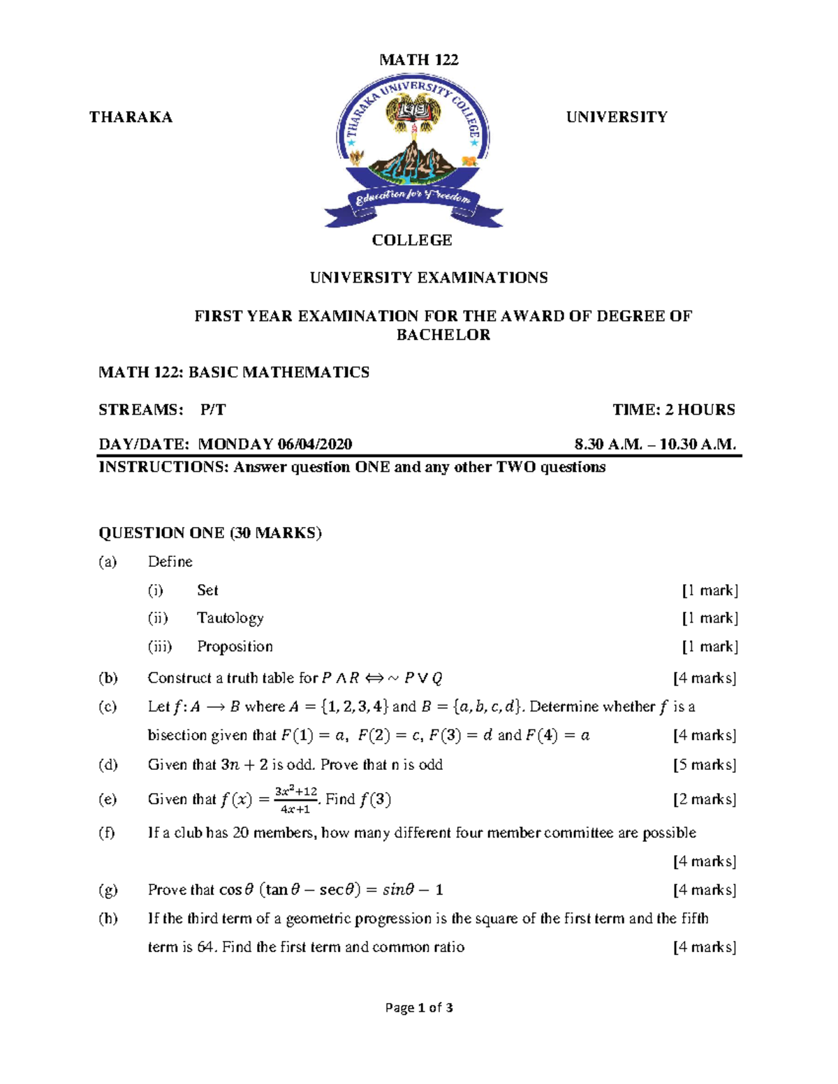 MATH 122: Basic Mathematics Final Exam Questions and Solutions - Studocu