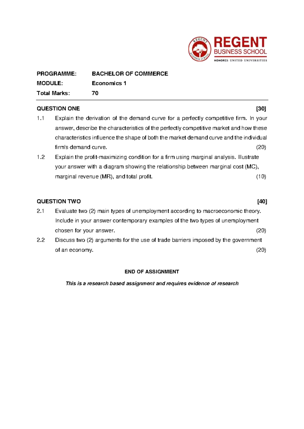 BCom Economics 1 Assignment 2: Demand Curve & Unemployment Analysis - Studocu