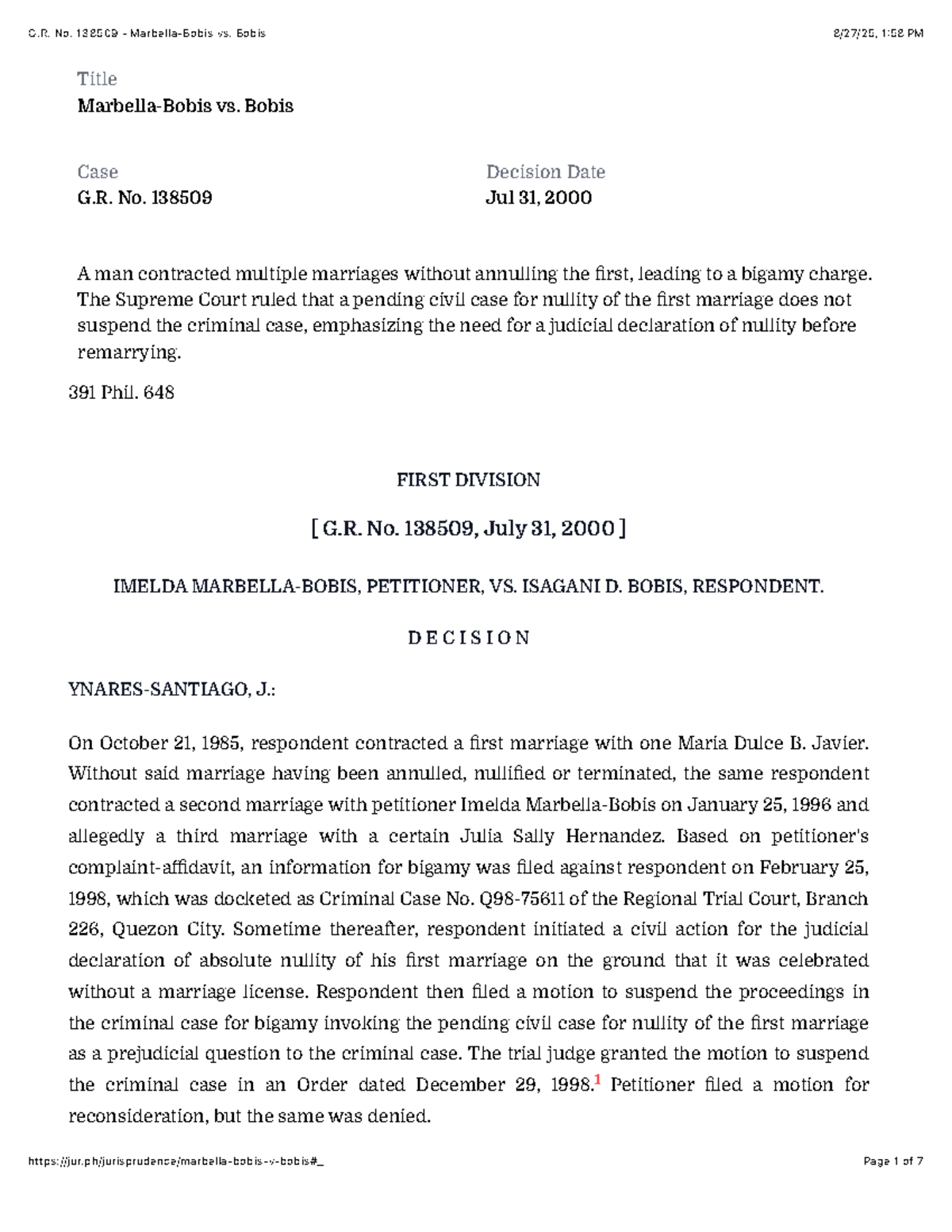 G.R. No. 138509: Bigamy Case Review - Marbella vs. Bobis Decision - Studocu