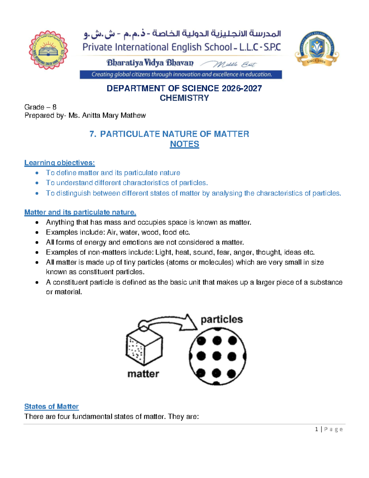 Grade 8 Chemistry: Notes on Particulate Nature of Matter - Studocu