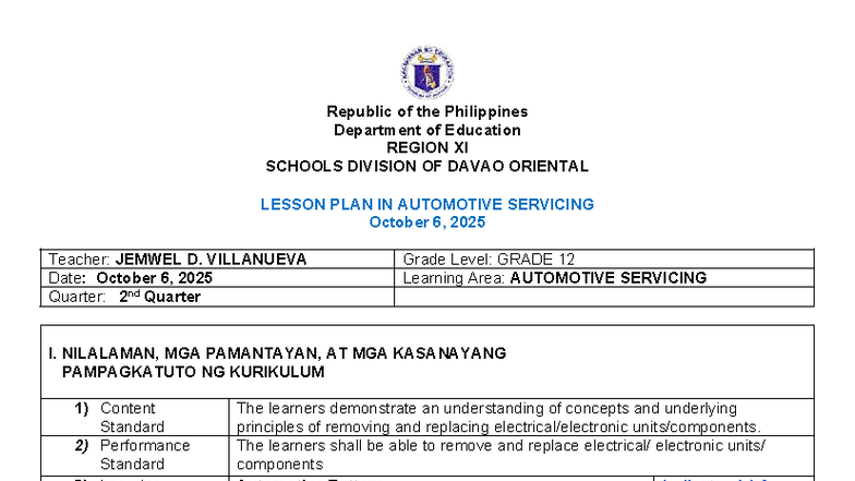 GRADE 12 AUTOMOTIVE SERVICING LESSON PLAN - 2ND QUARTER - Studocu