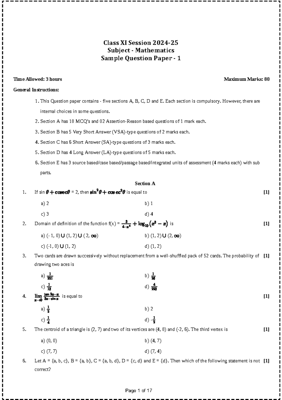 Class XI Mathematics Sample Question Paper 1 (Max Marks: 80) - Studocu