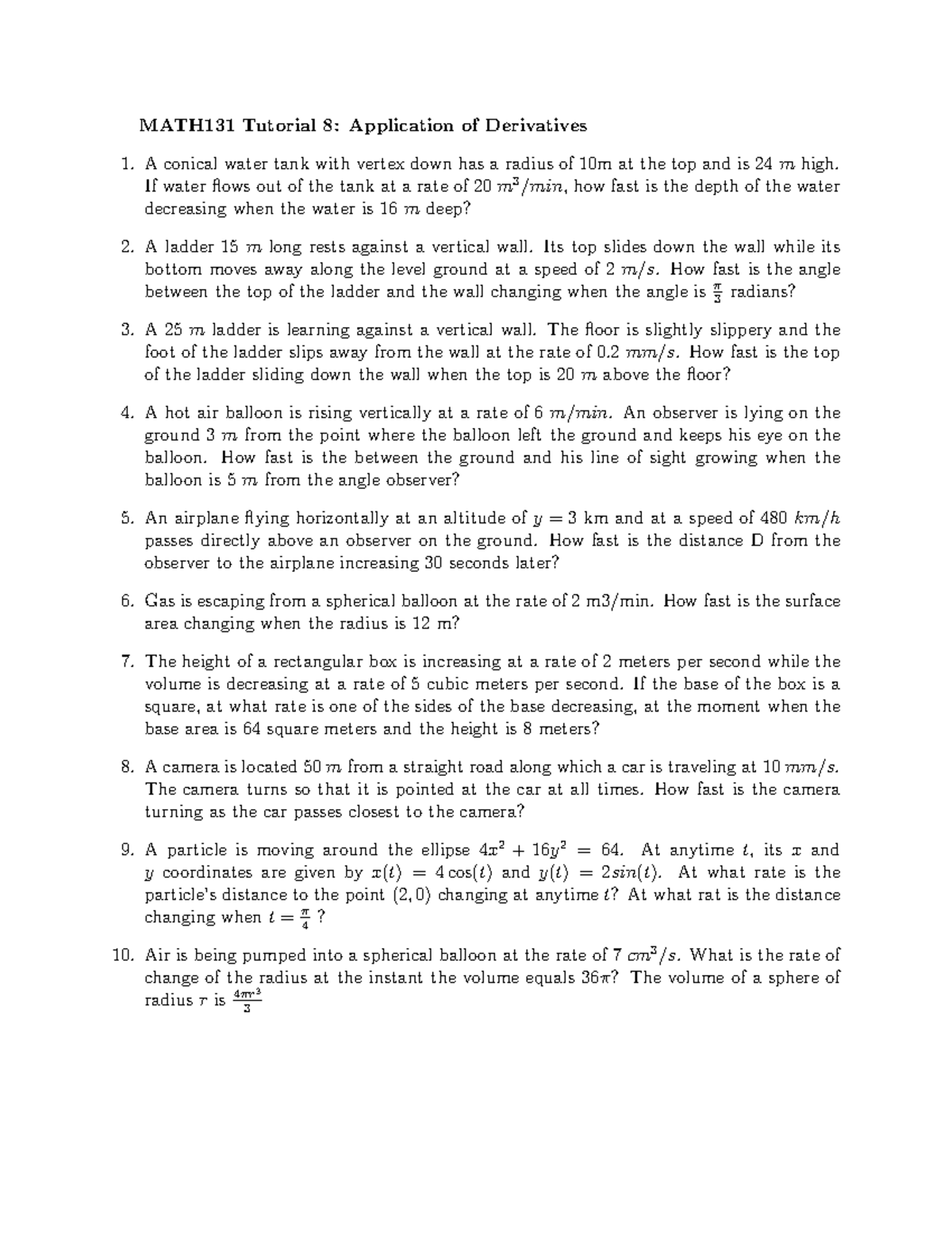 Math 131 Tutorial 8: Applications of Derivatives and Related Rates ...