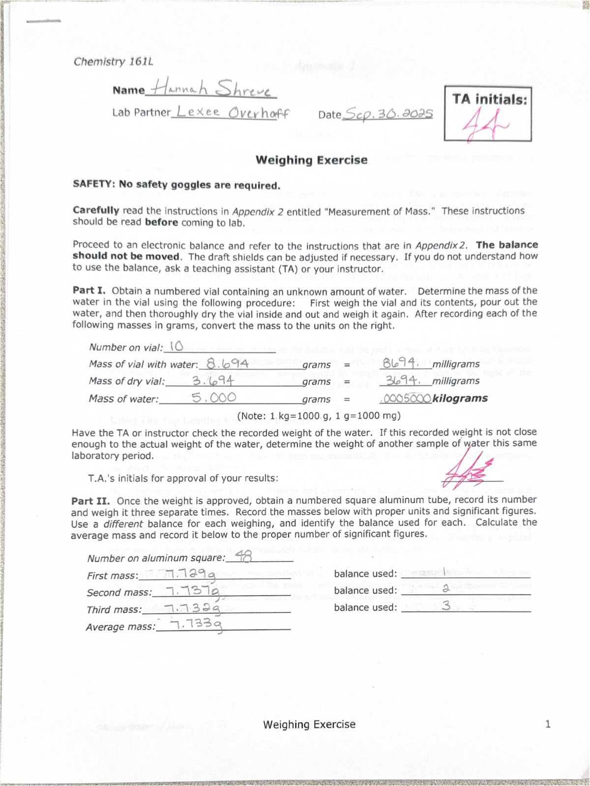 Chemistry 161L Weighing Exercise Lab Report by Hannah Shreve - Studocu