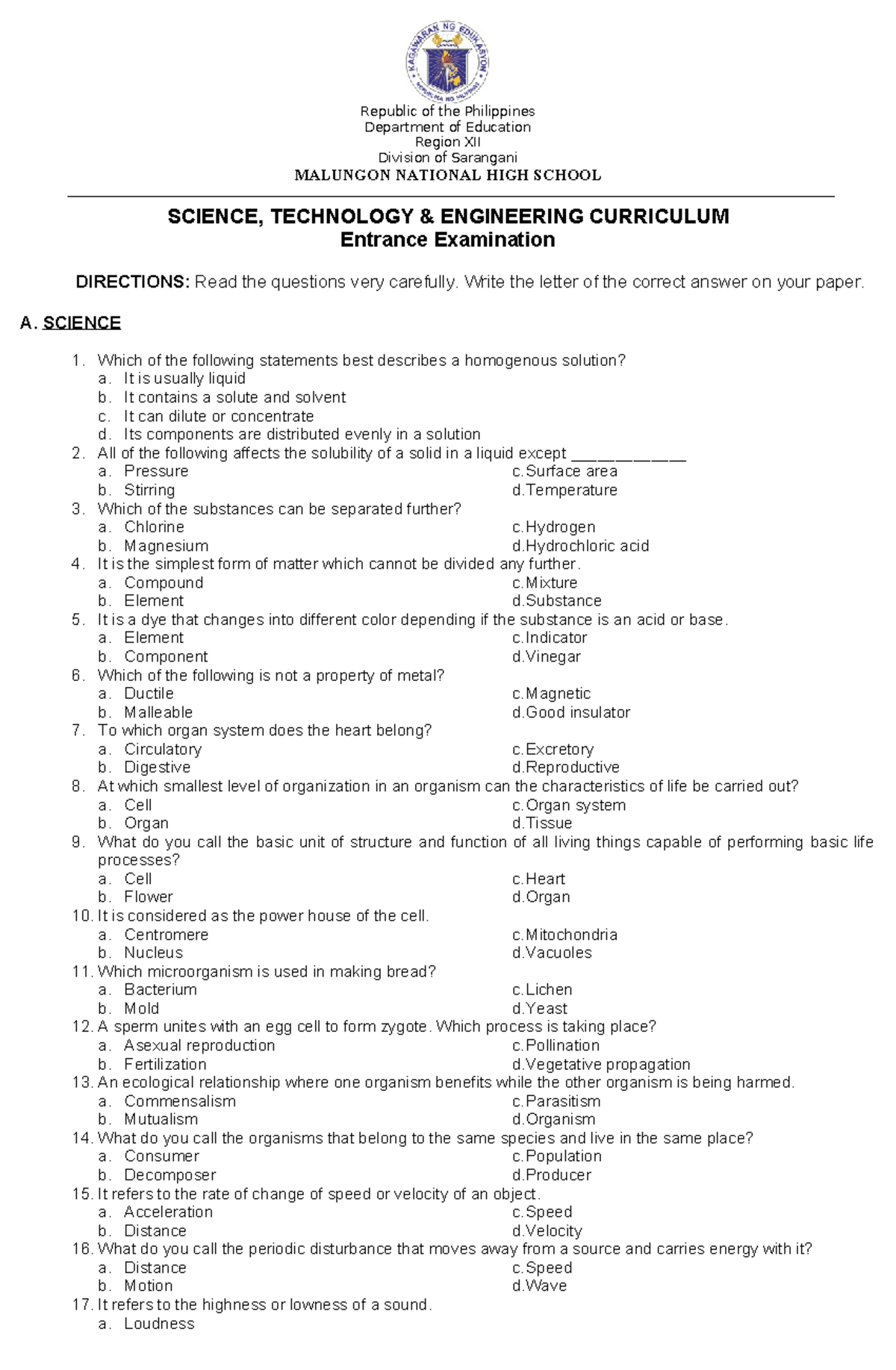 STE EXAM - Science & Math Entrance Examination Questions - Studocu