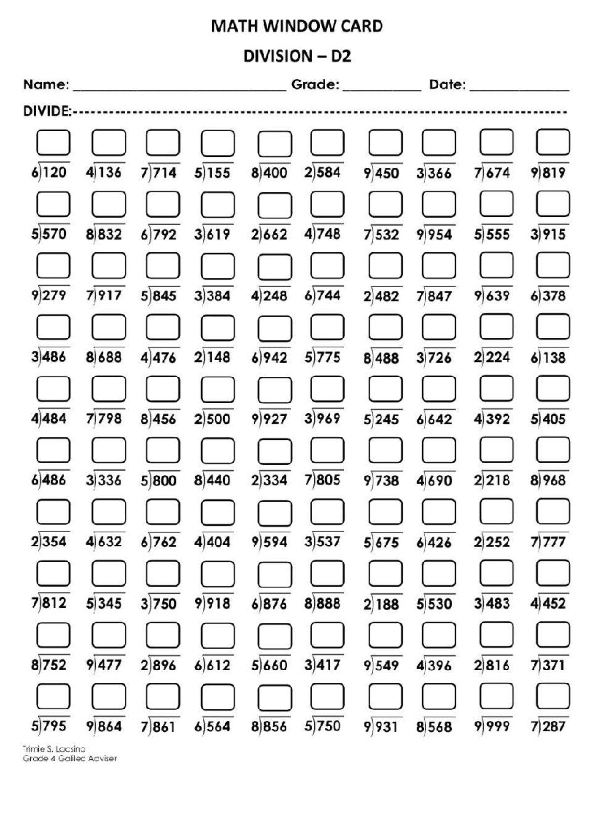 MATH D2 Window Card Division Practice - Studocu