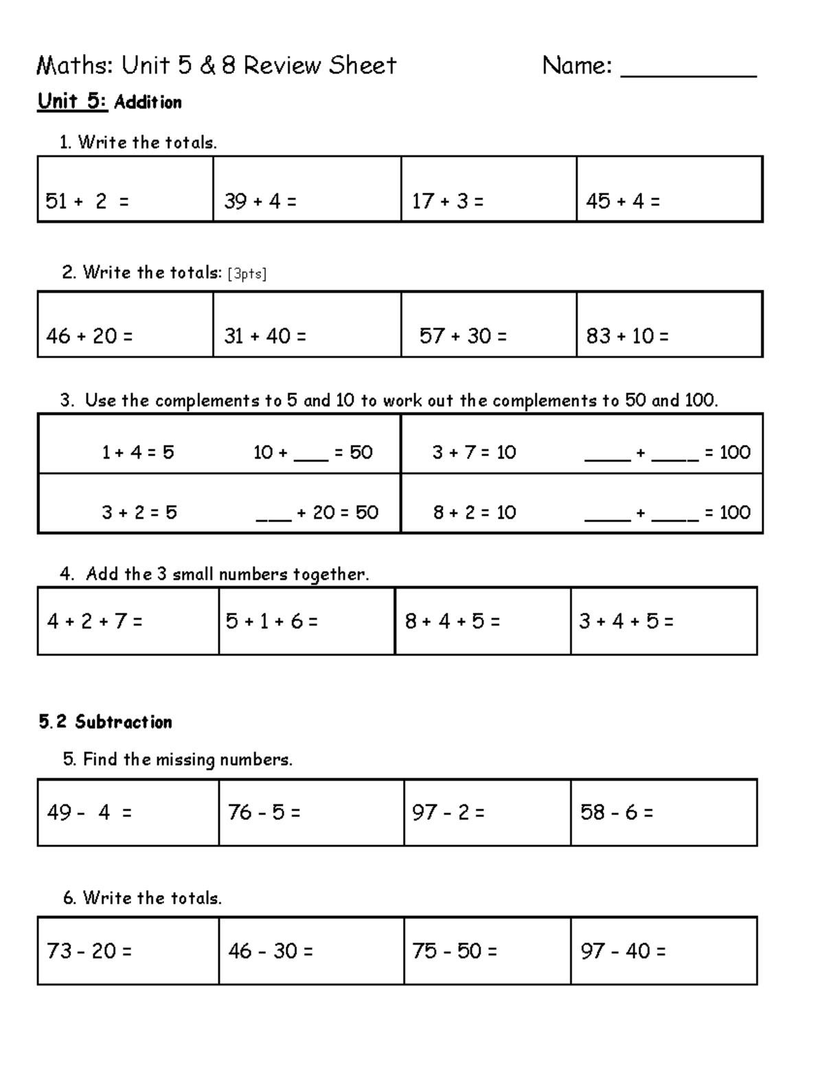 Maths: Unit 5 & 8 - Review Worksheet for Addition & Subtraction - Studocu