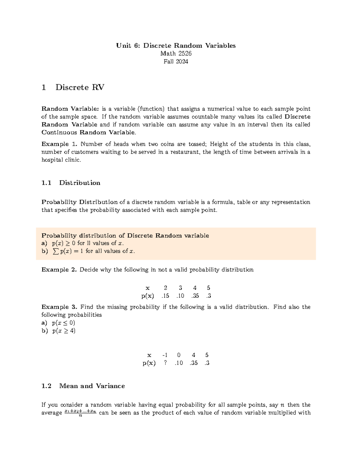 Math 2526 Unit 6: Discrete Random Variables - Studocu