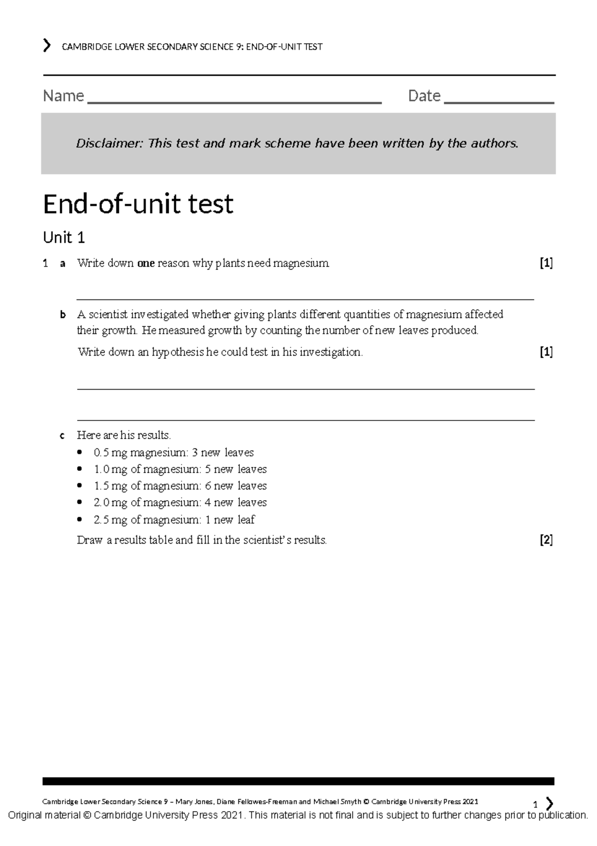 CAMBRIDGE LOWER SECONDARY SCIENCE 9: UNIT 1 TEST & MARK SCHEME - Studocu
