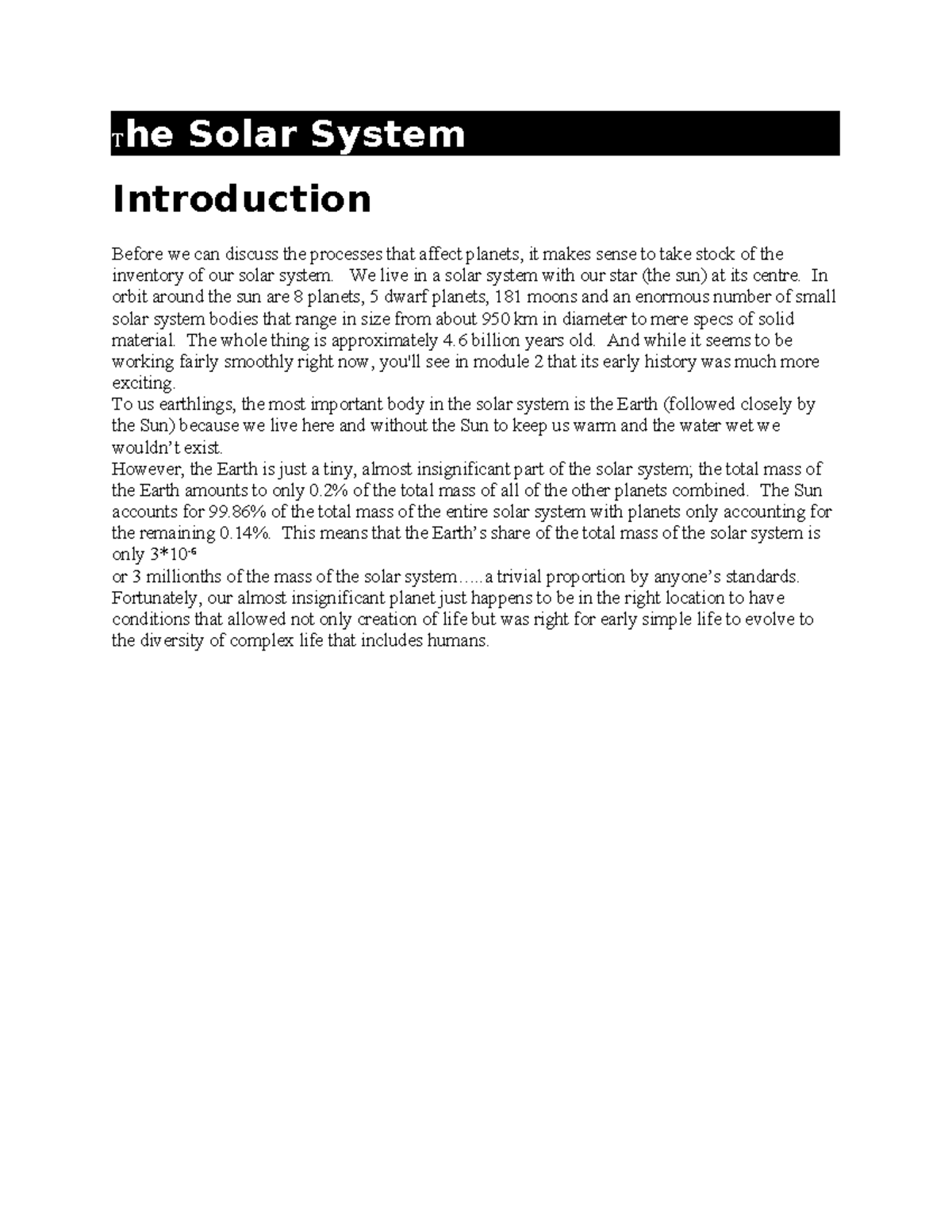 The Solar System - Emergency - The Solar System Introduction Before we ...