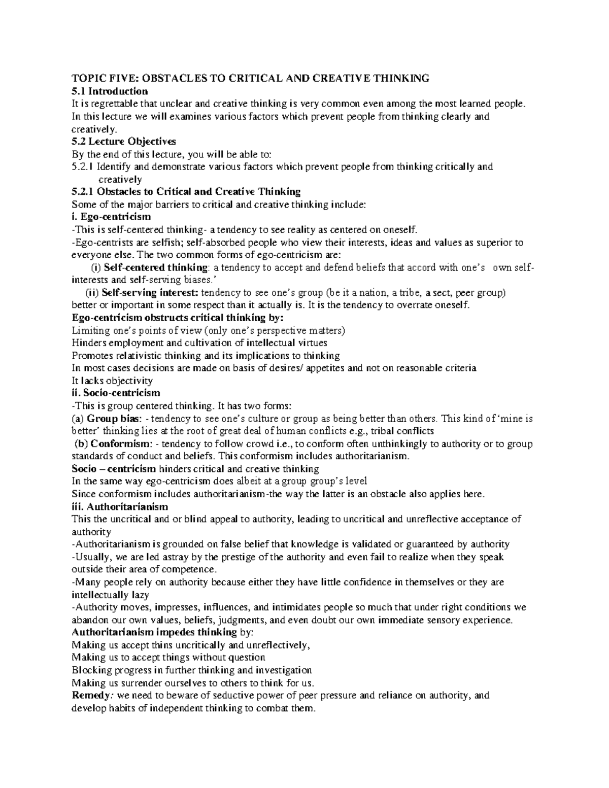 Topic 5: Barriers to Critical & Creative Thinking - Lecture Notes - Studocu