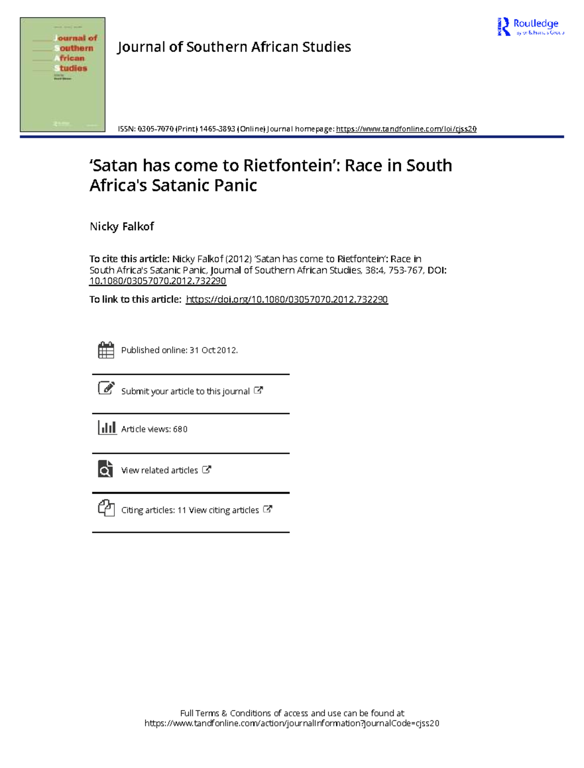 Falkof, N. (2012). Race and the Satanic Panic in South Africa - Studocu